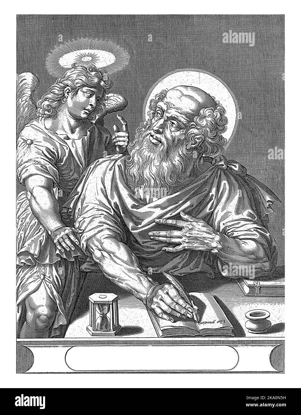 The evangelist Matthew, writing at a table. Next to him are the angel's ...