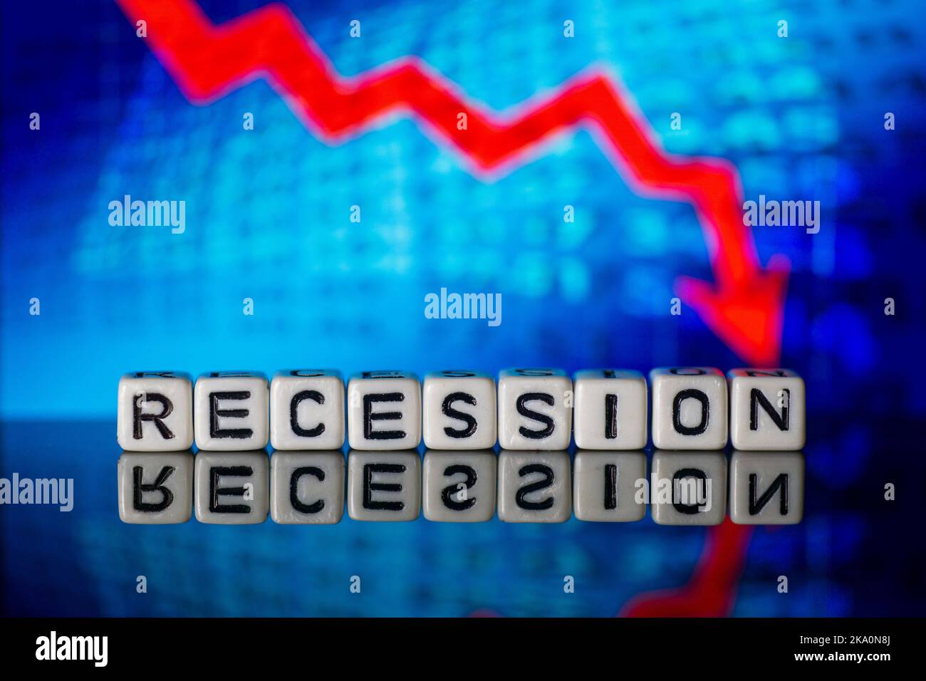 Recession Concept Dice Letters Sign Red Graph Arrow Blue Background ...