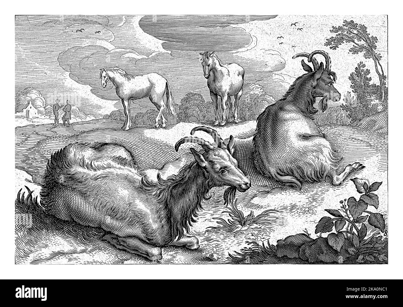 Landscape with two goats and two horses, Reinier van Persijn, after ...
