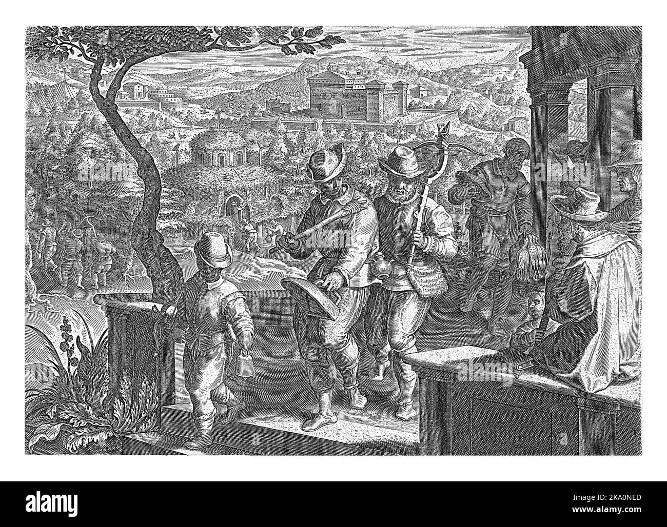 In the foreground, three hunters set out to catch blackbirds. In their ...