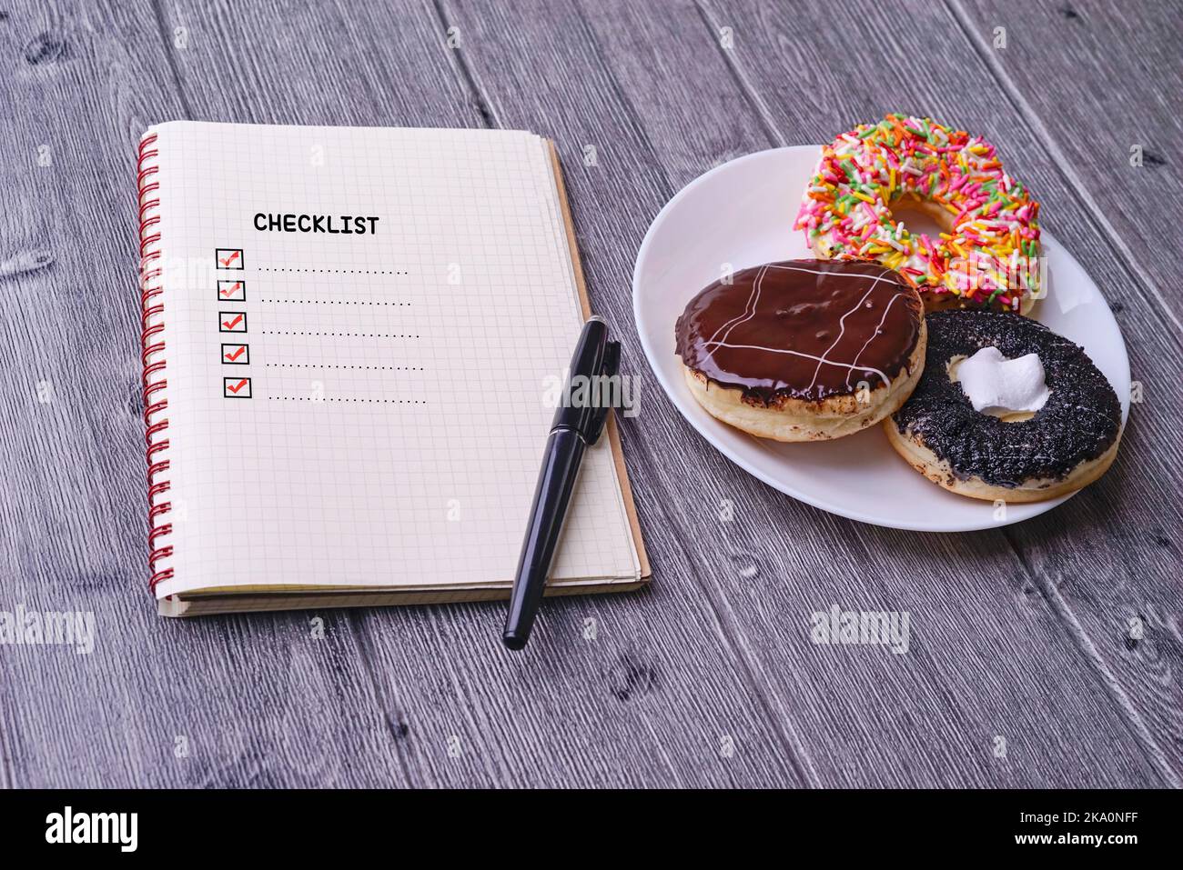 Checklist concept - checklist box with red checkmark, paper, doughtnut ...