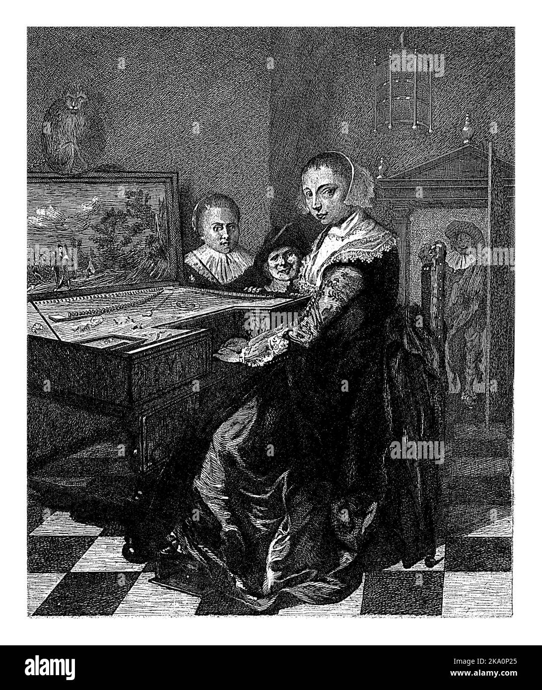 Interior with a young woman playing a virginal. The lid of the ...