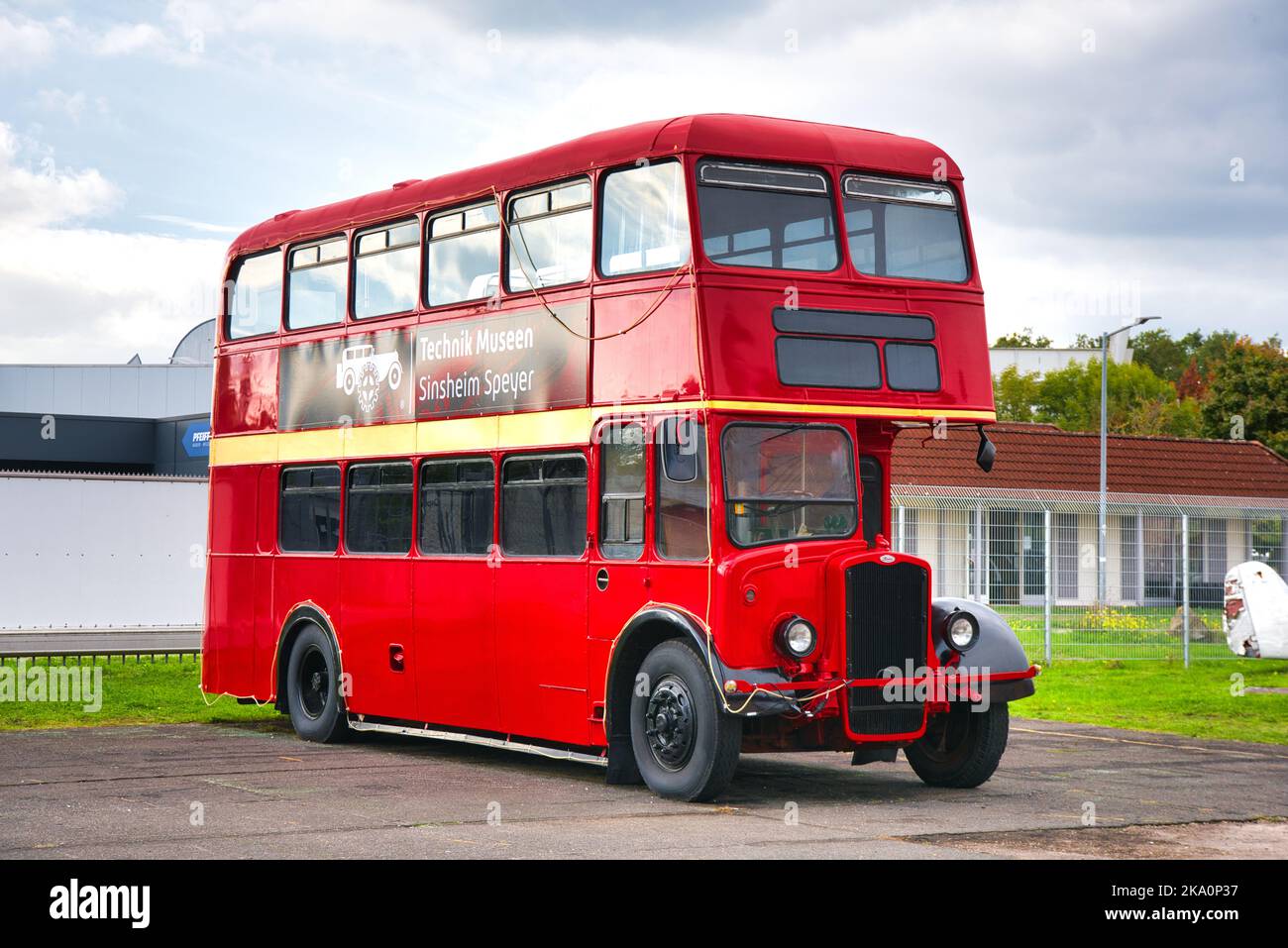 SPEYER, GERMANY - OCTOBER 2022: red AEC Routemaster 1954 British double ...