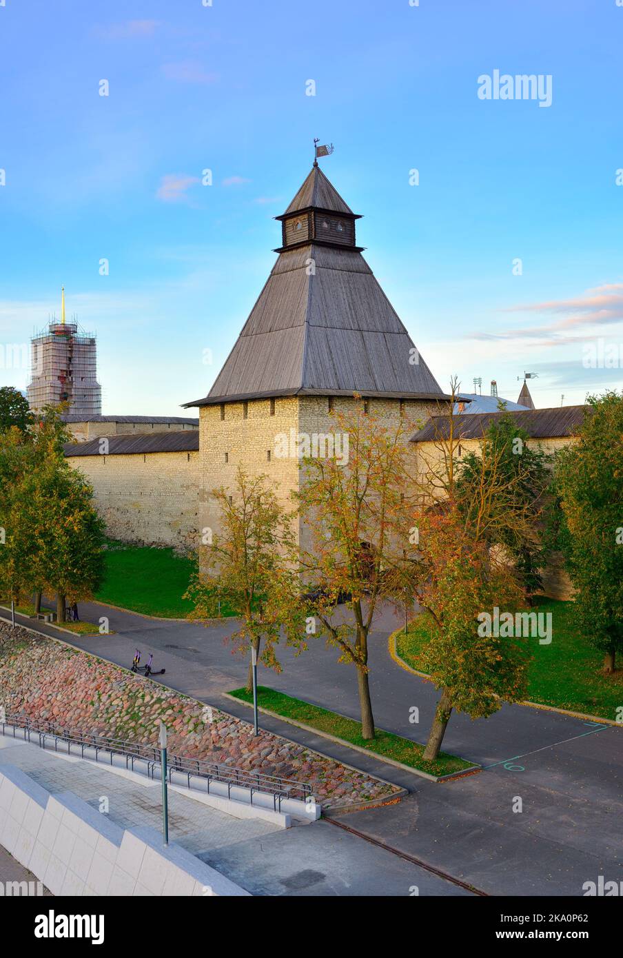 The Old Russian Pskov Kremlin. Vlasevskaya fortress tower on the ...