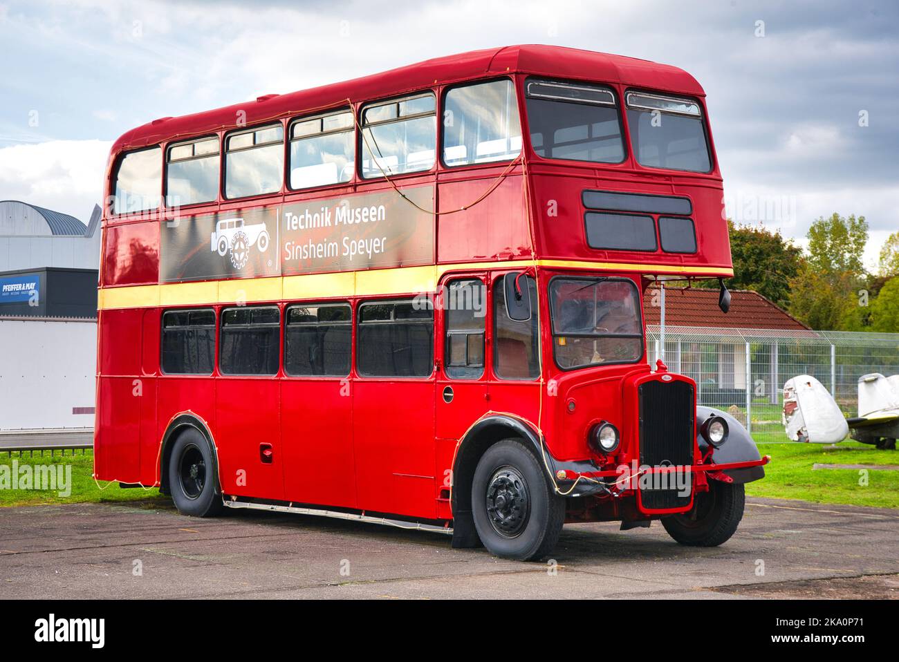 SPEYER, GERMANY - OCTOBER 2022: red AEC Routemaster 1954 British double ...