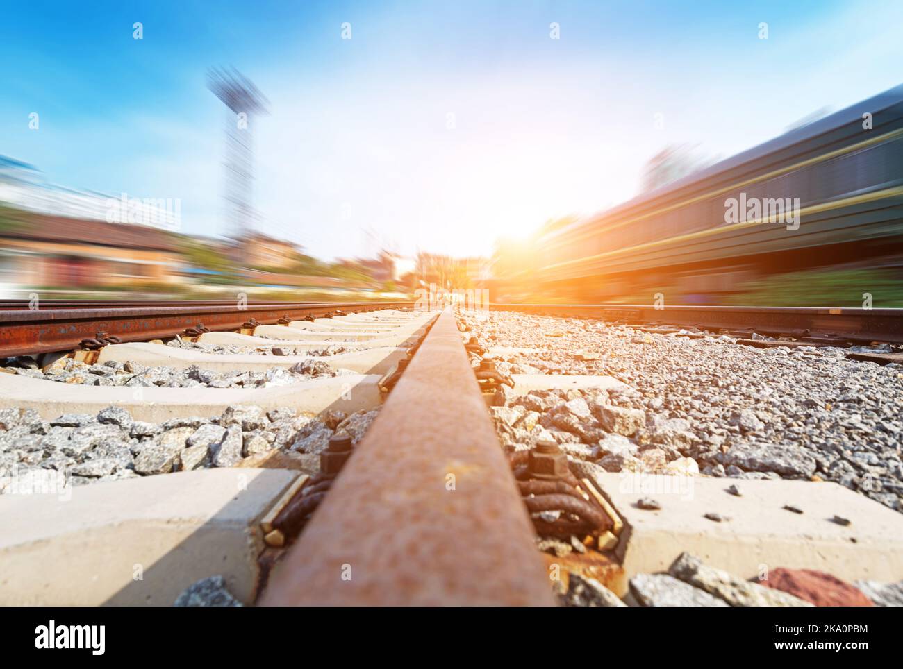 Cargo train platform at sunset with container Stock Photo - Alamy