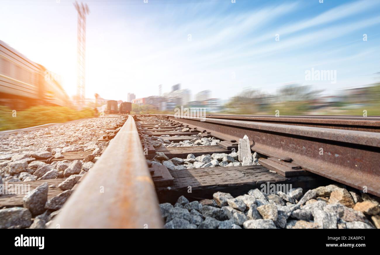 Cargo train platform at sunset with container Stock Photo - Alamy