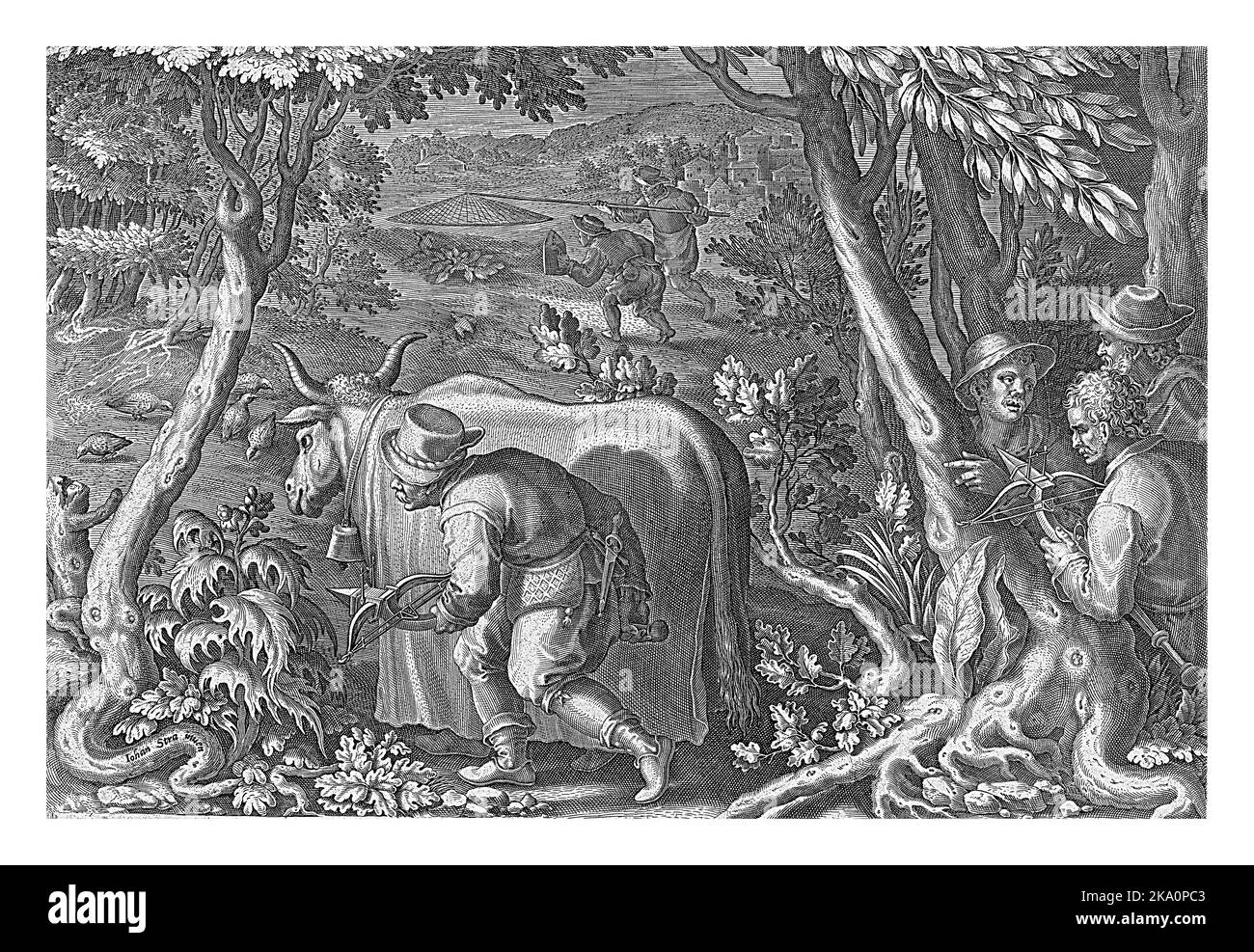 Hunting partridges through camouflage. The print has a Latin caption ...