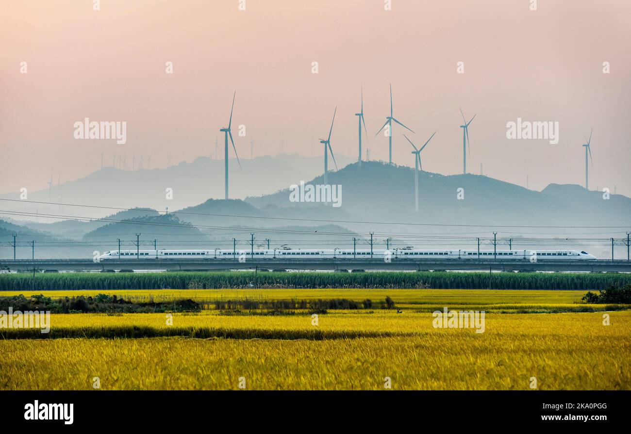 NANNING, CHINA - OCTOBER 29, 2022 - Bullet trains gallop over golden ...