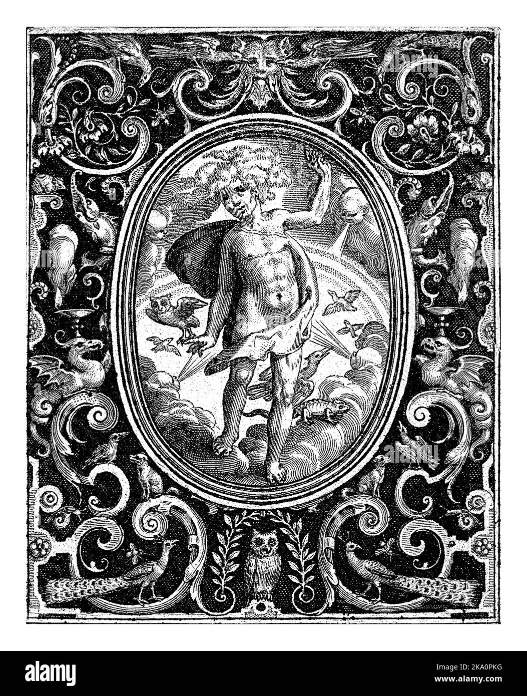 Element of air as a young man standing on clouds with birds in a frame ...