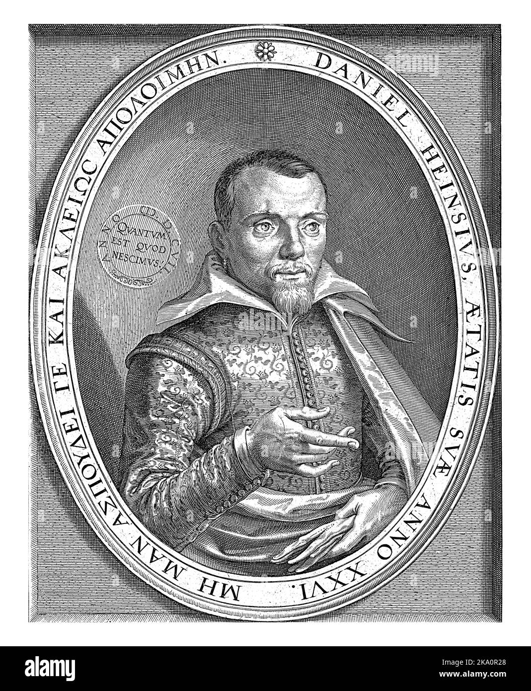 Portrait of the writer Daniel Heinsius at the age of 26. Below the ...