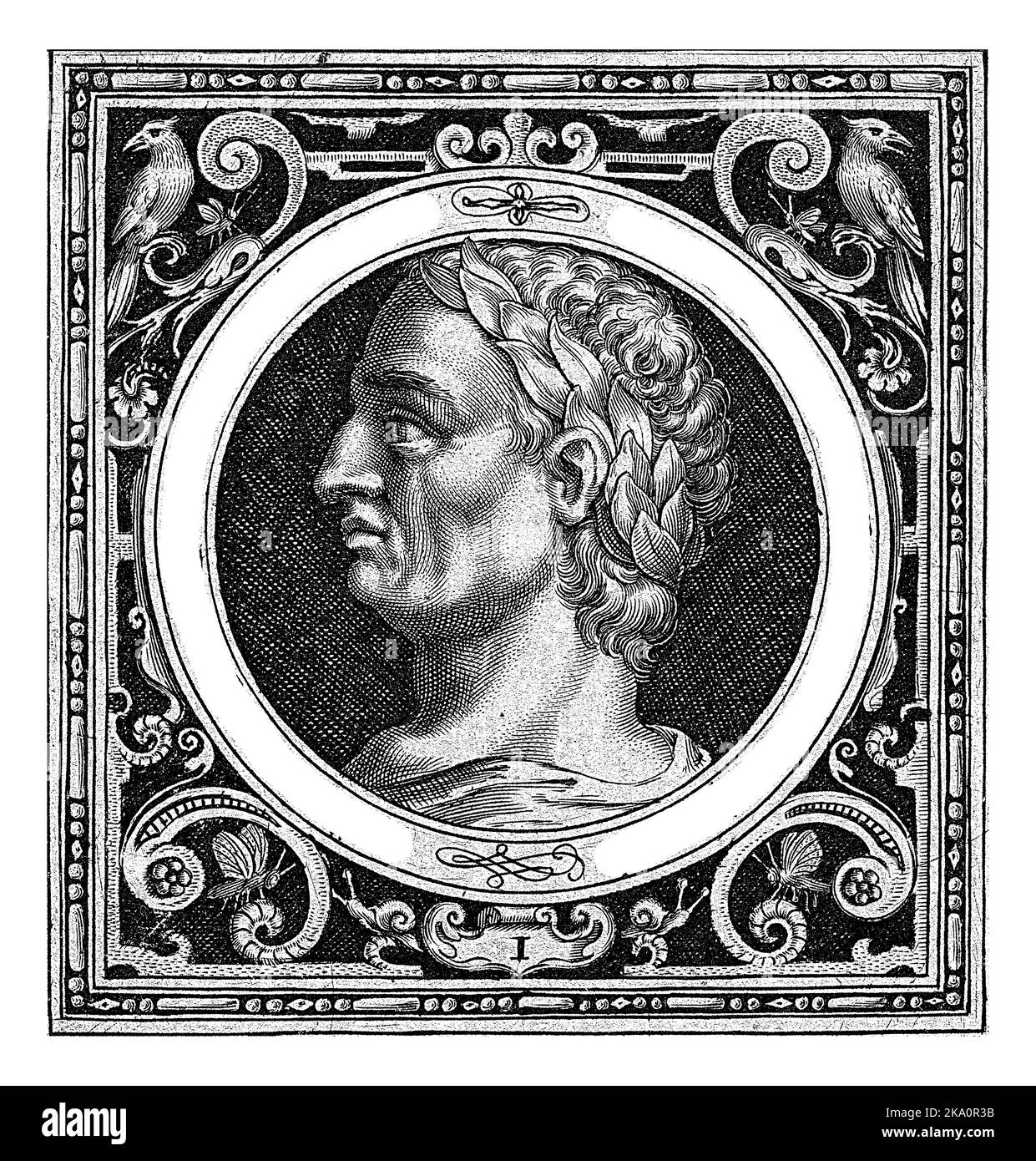 Portrait of Julius Caesar as an ancient general in a medallion within a ...