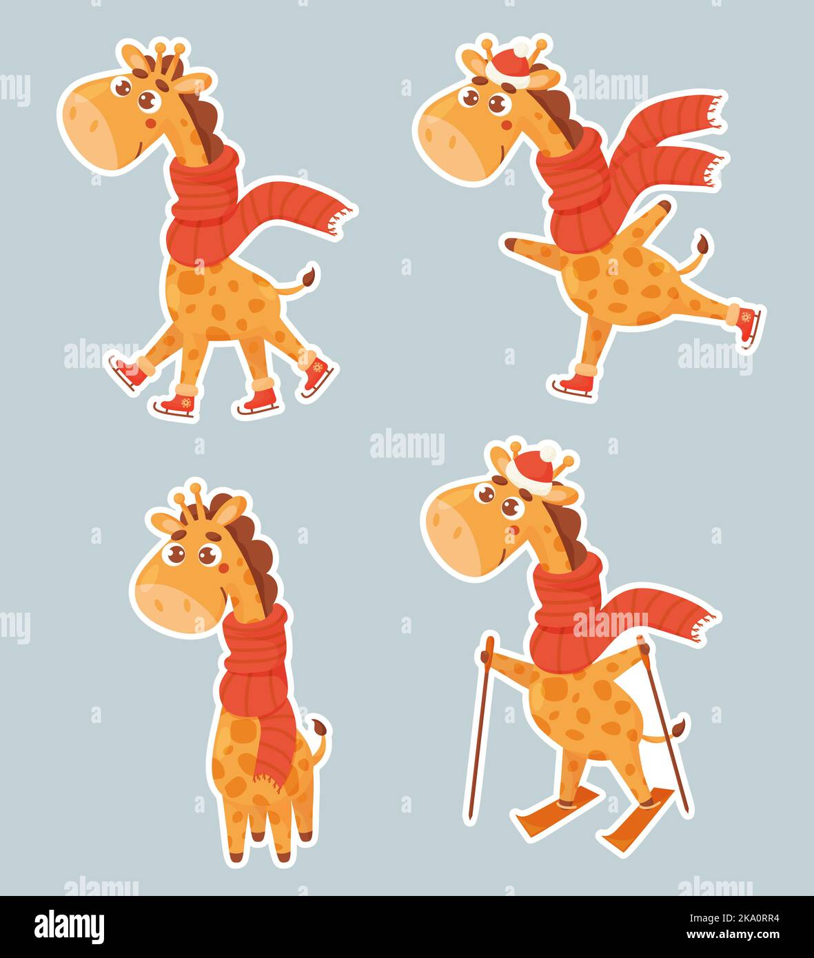 Collection stickers with winter giraffes. Cute animal skating, skiing ...