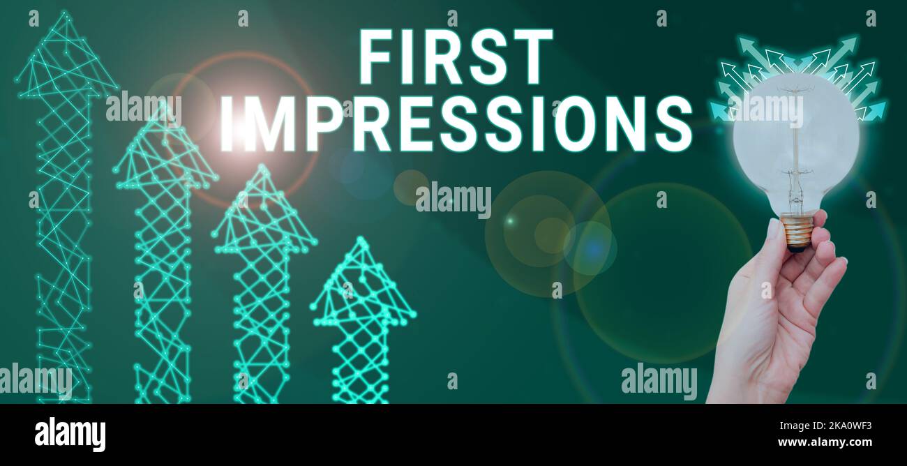Hand writing sign First Impressions. Business concept events when one ...
