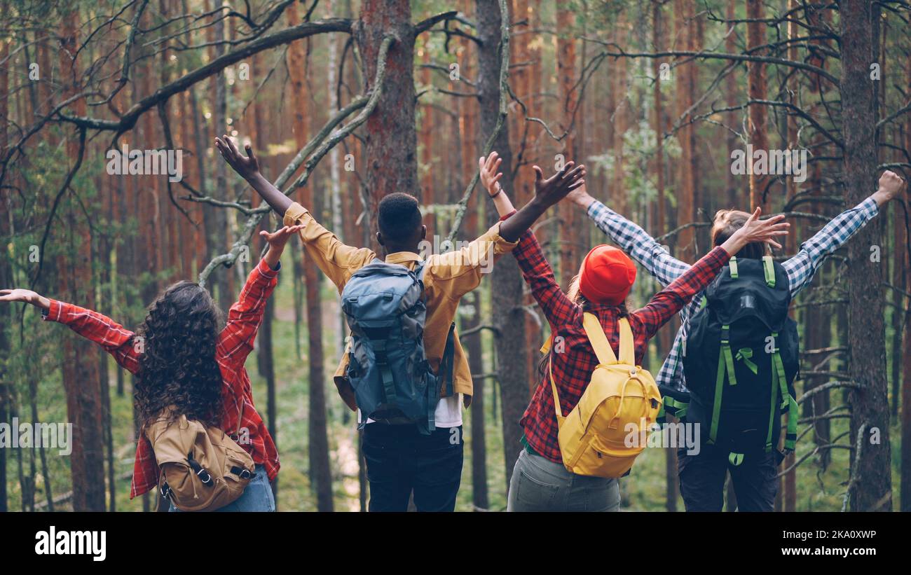 Back view of excited travelers climbing up mountain and standing on top ...