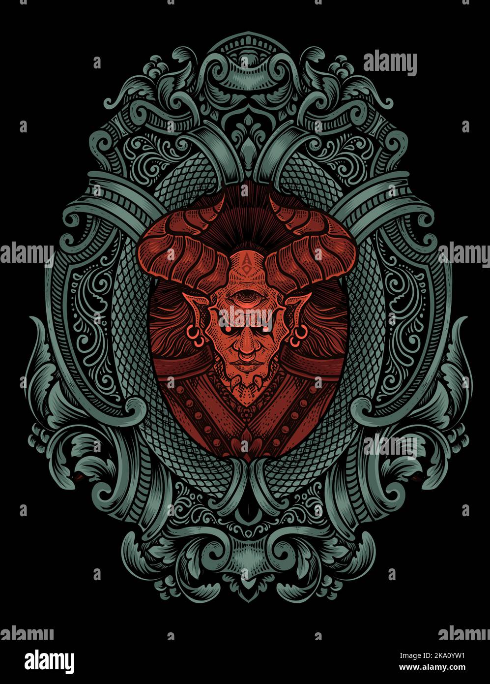 illustration badass demon with Engraving ornament Stock Vector Image ...
