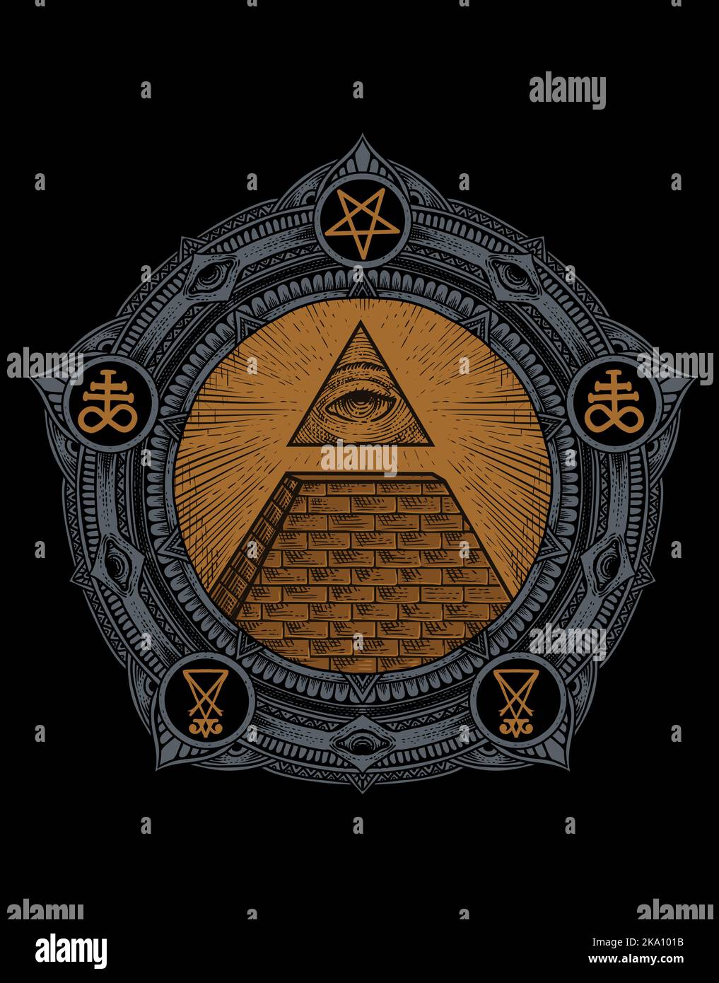 Illustration Illuminati pyramid on circle mandala engraving style Stock ...