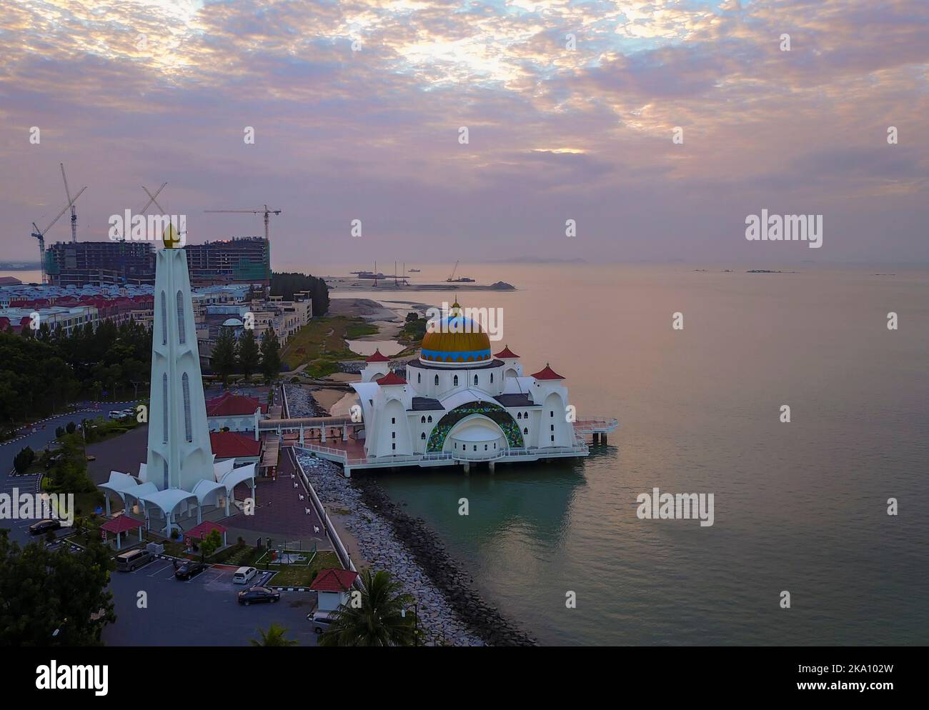 Majestic aerial view of Malacca Straits Mosque during sunset Stock ...
