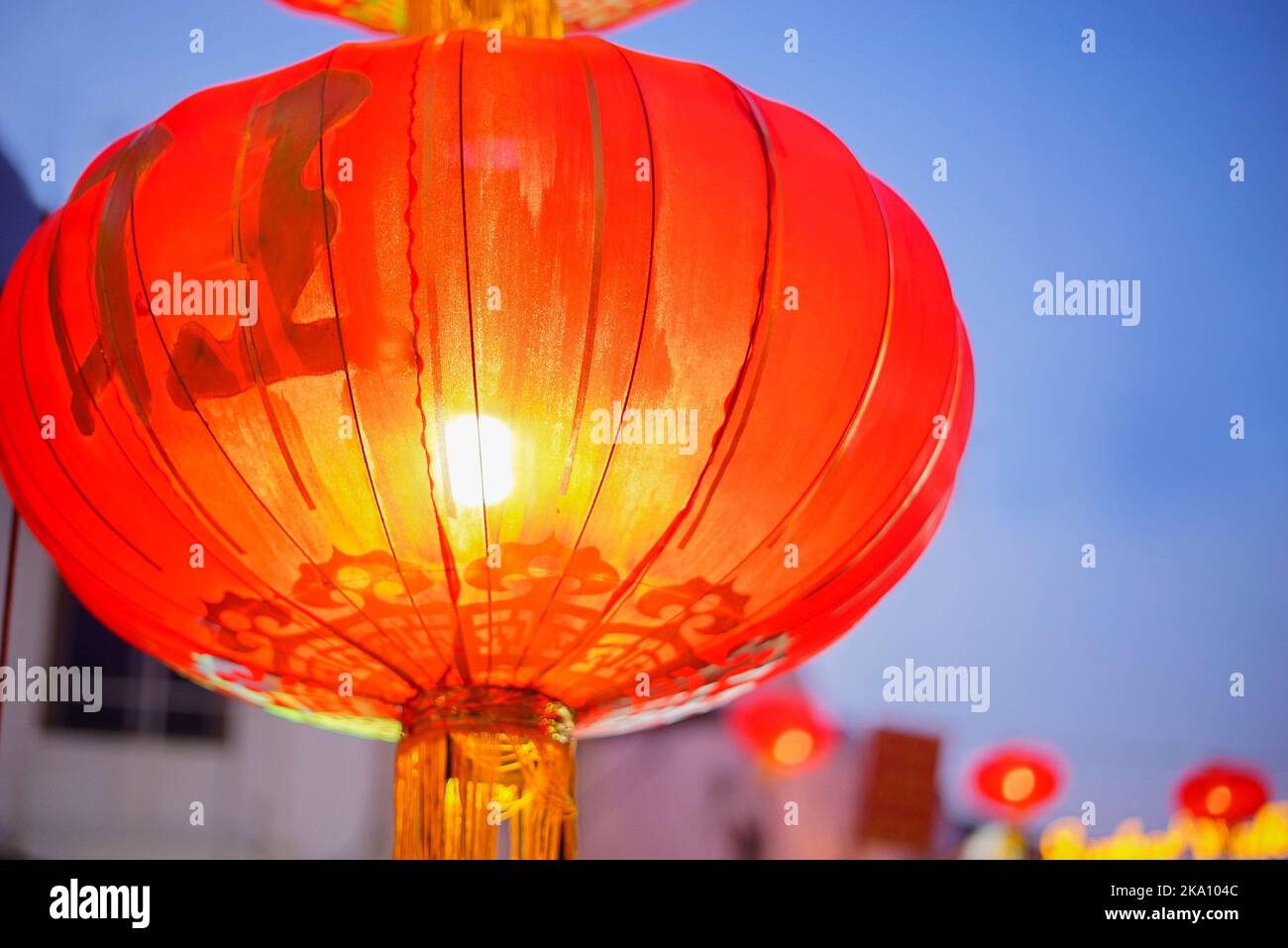 Beautiful Chinese new year red color lanterns during blue hour Stock ...
