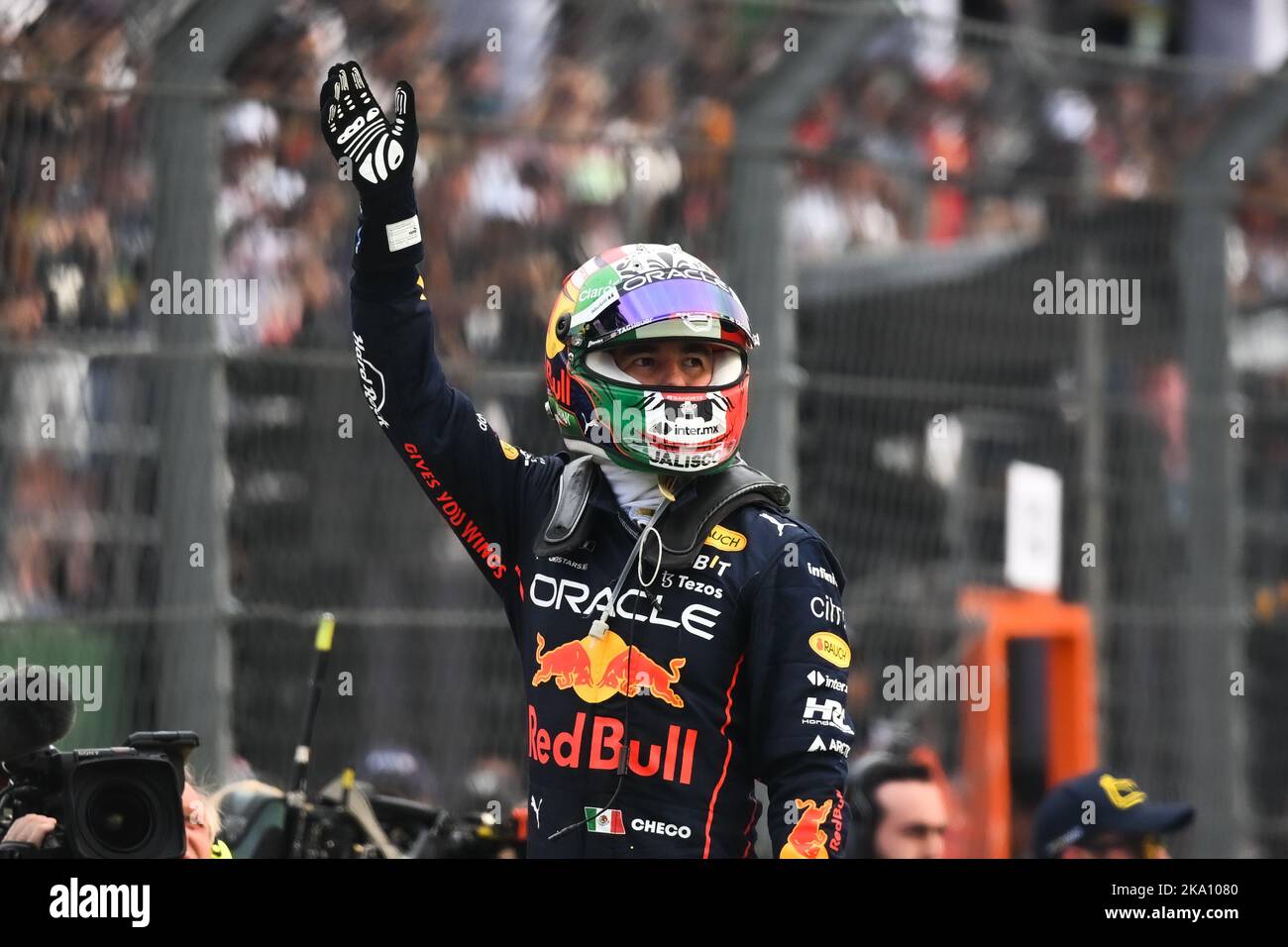 Mexico City, Mexico. 30th Oct, 2022. Red Bull's Mexican driver Sergio Perez reacts after the ...