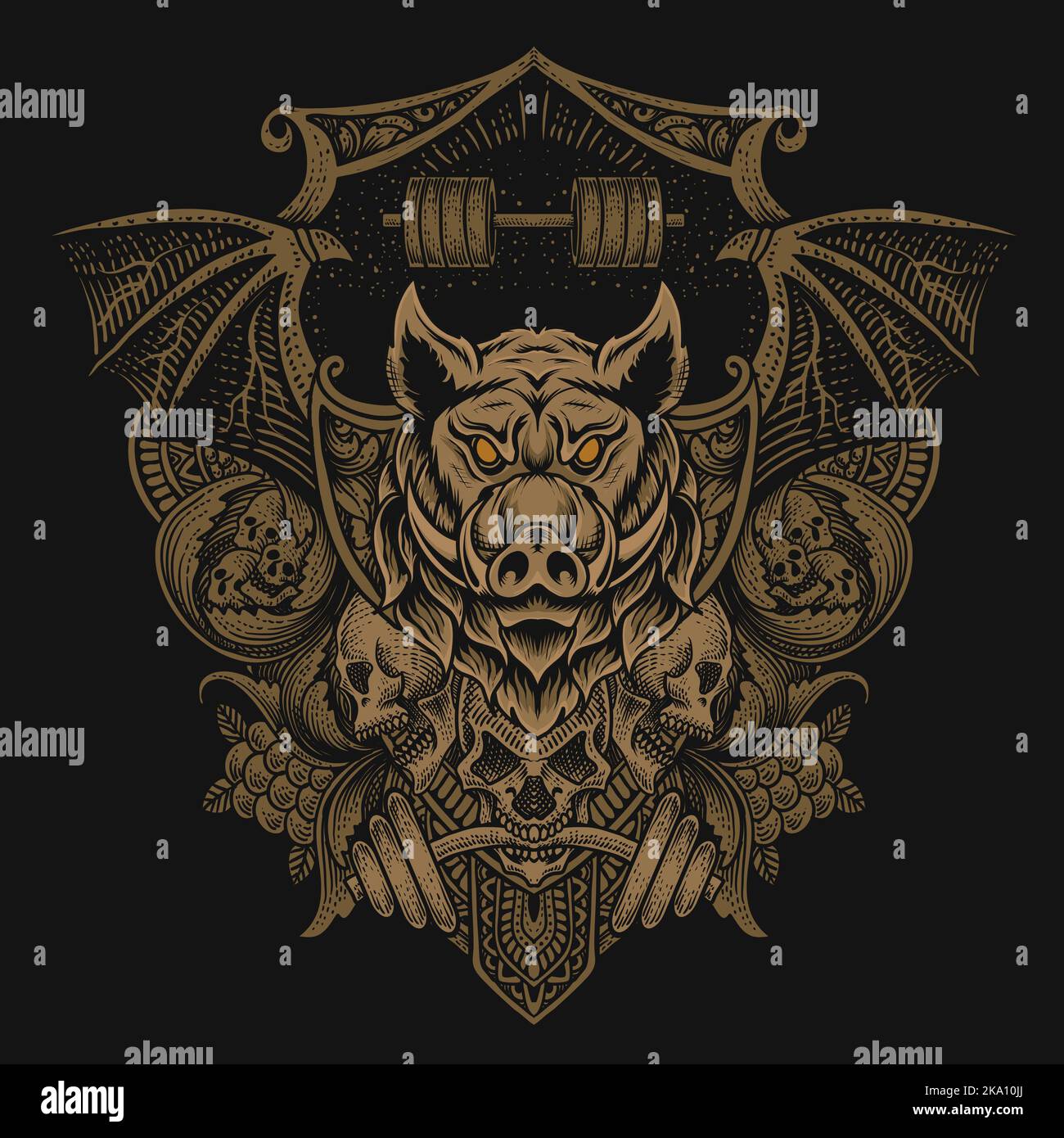 illustration baddas Wild boar head with skull with engraving ornament ...