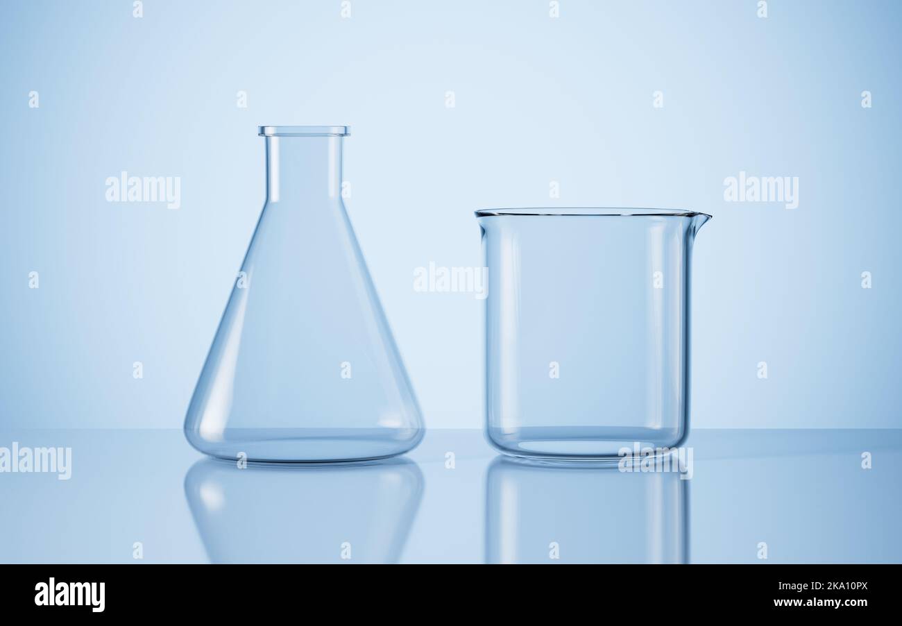 Empty conical flask and beaker on the desk in the lab, 3d rendering ...