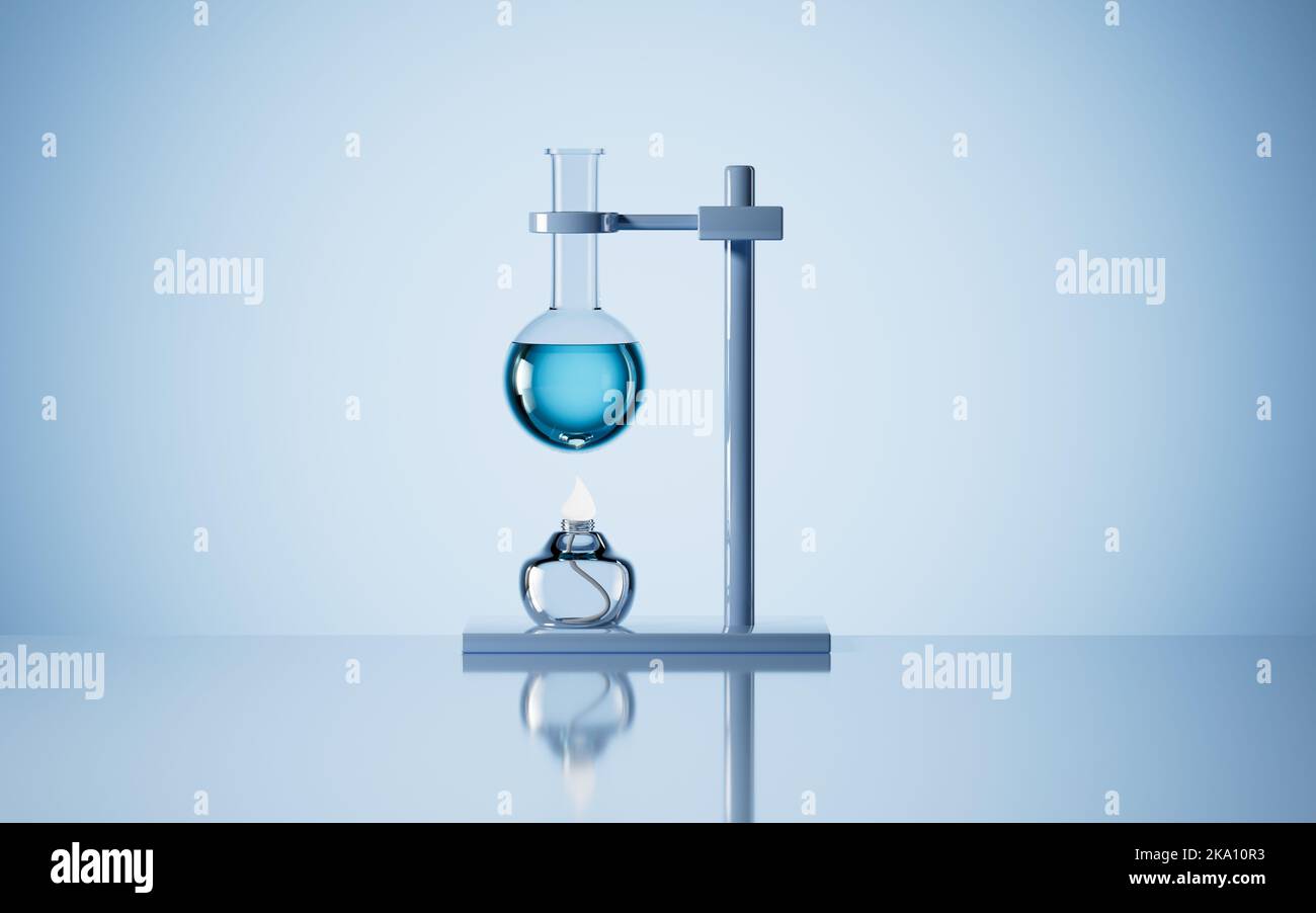 Round flask and alcohol lamp in the lab , 3d rendering. Digital drawing ...