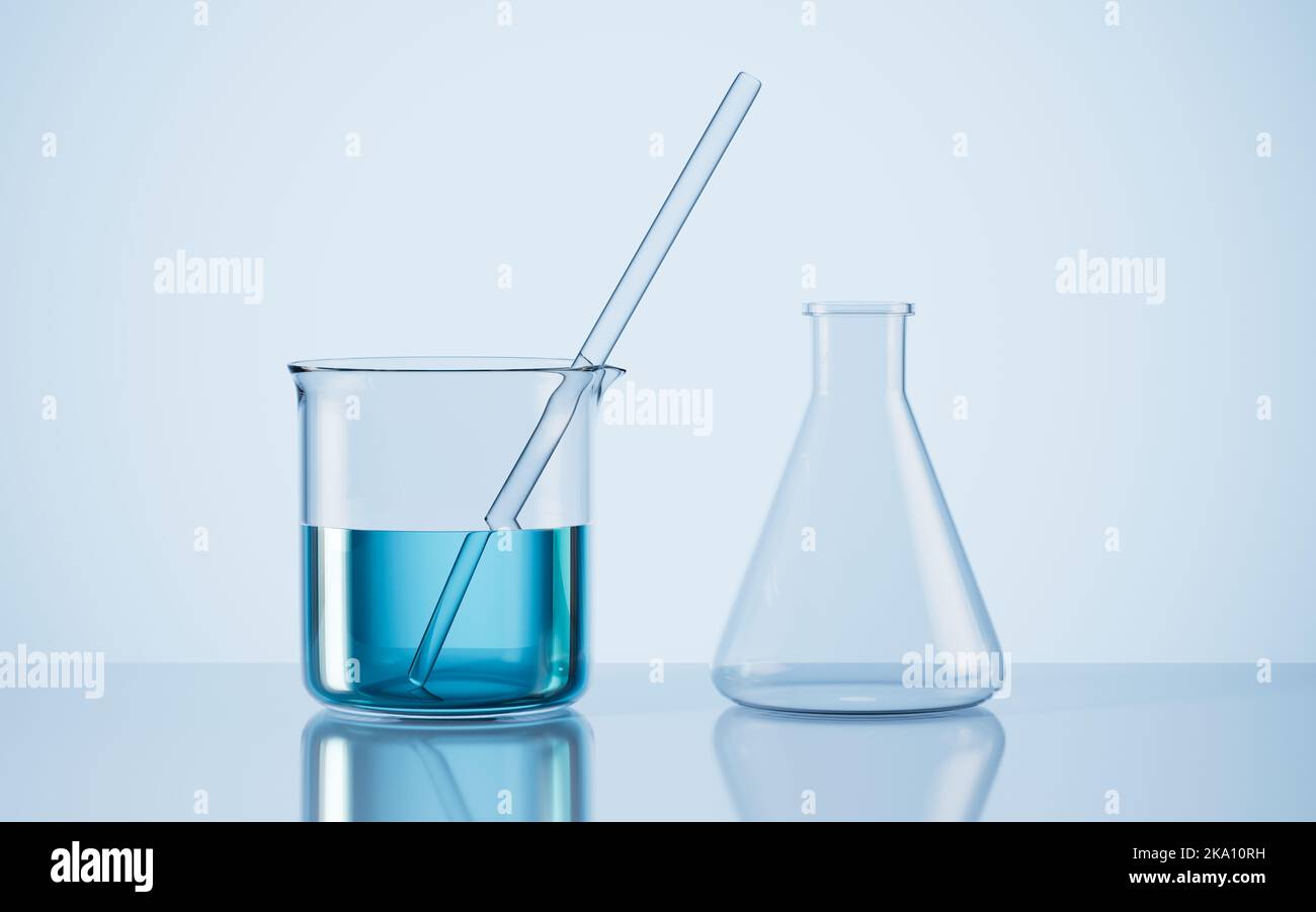 Beaker and empty conical flask in the lab, 3d rendering. Digital ...