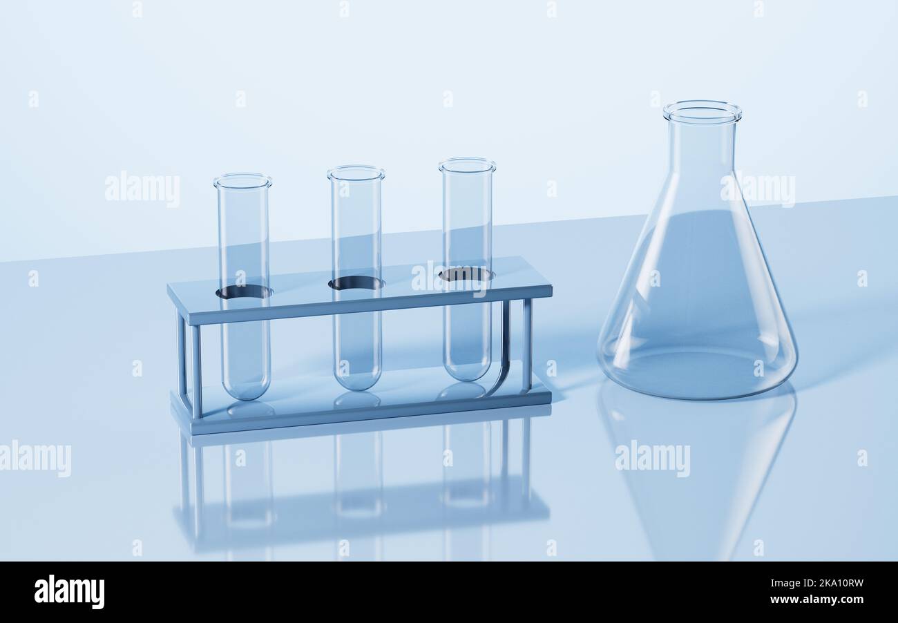 Empty conical flask and glass tubes in the lab, 3d rendering. Digital ...