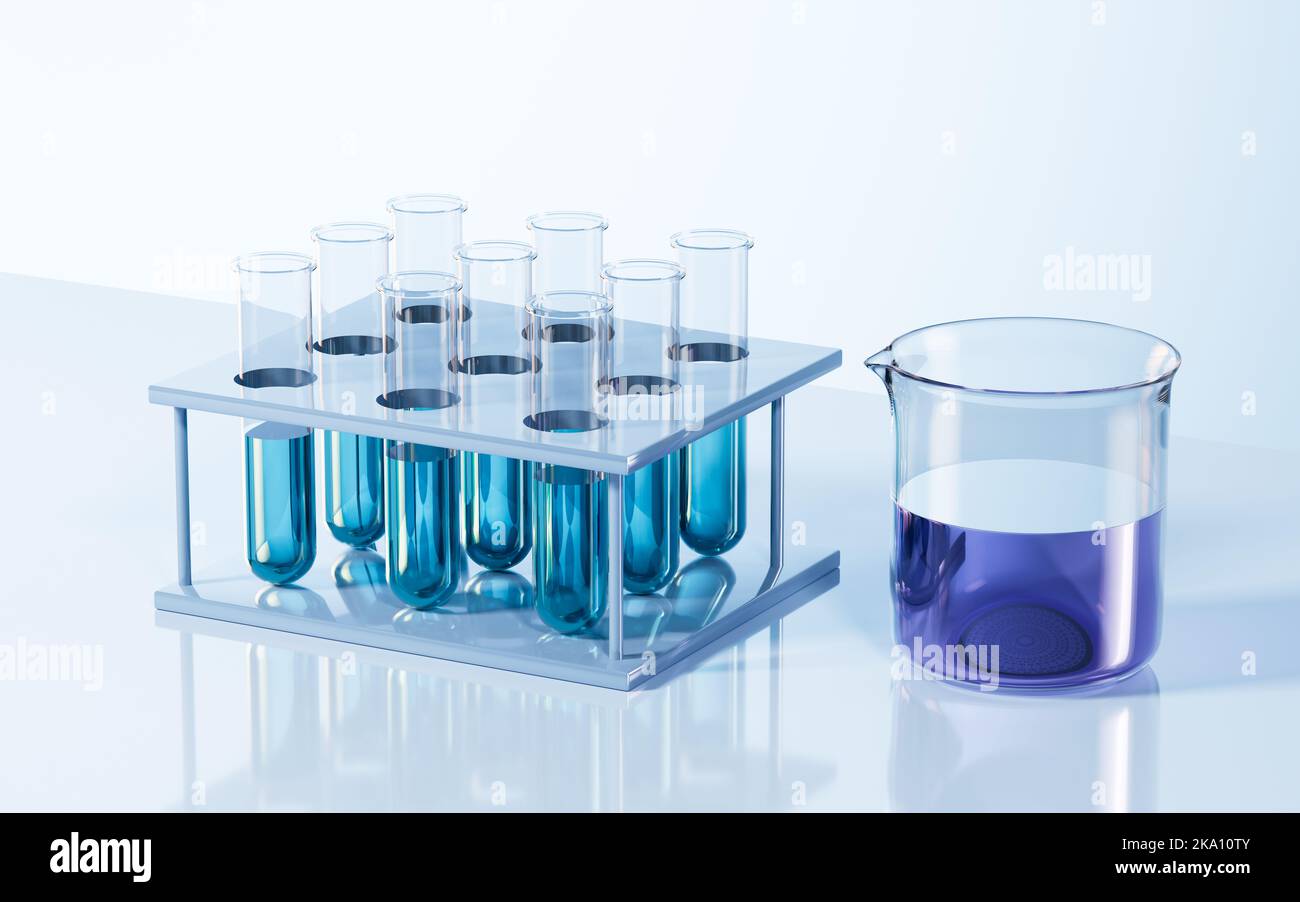 Test tubes and beaker in the lab, 3d rendering. Digital drawing Stock ...