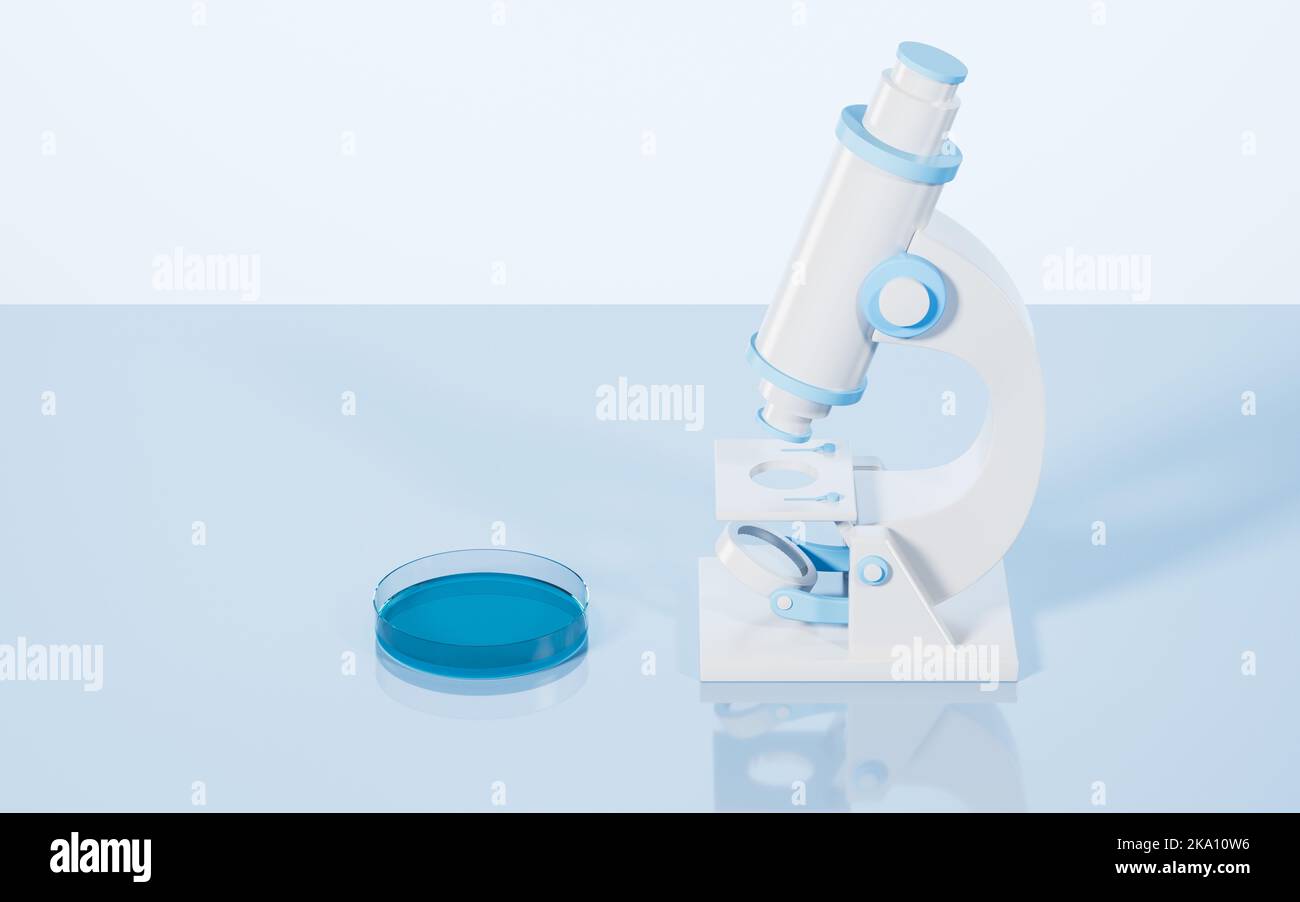 A microscope on the desk in the lab, 3d rendering. Digital drawing ...