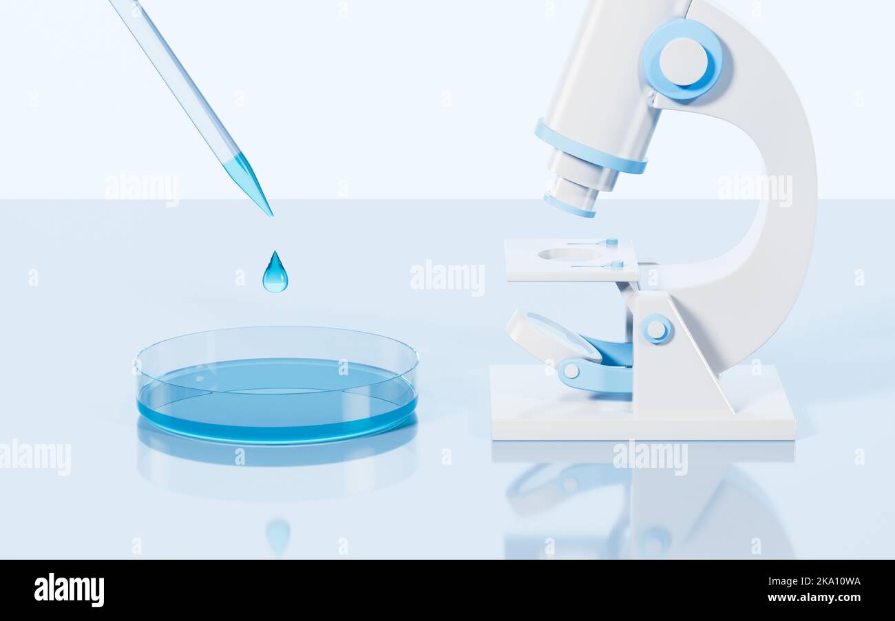 A microscope on the desk in the lab, 3d rendering. Digital drawing ...