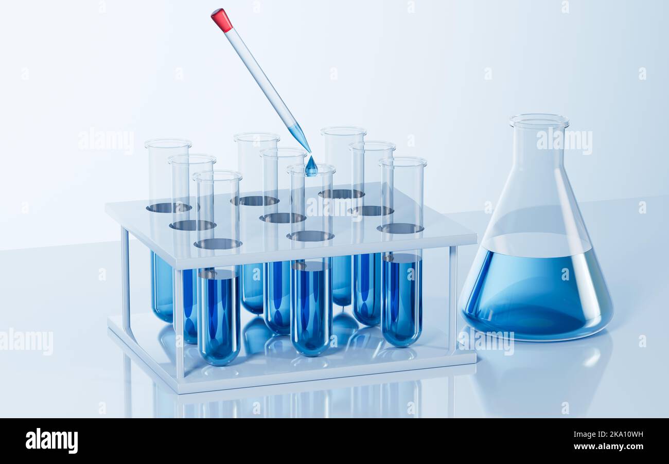Test tubes and conical flask on the desk in the lab, 3d rendering ...