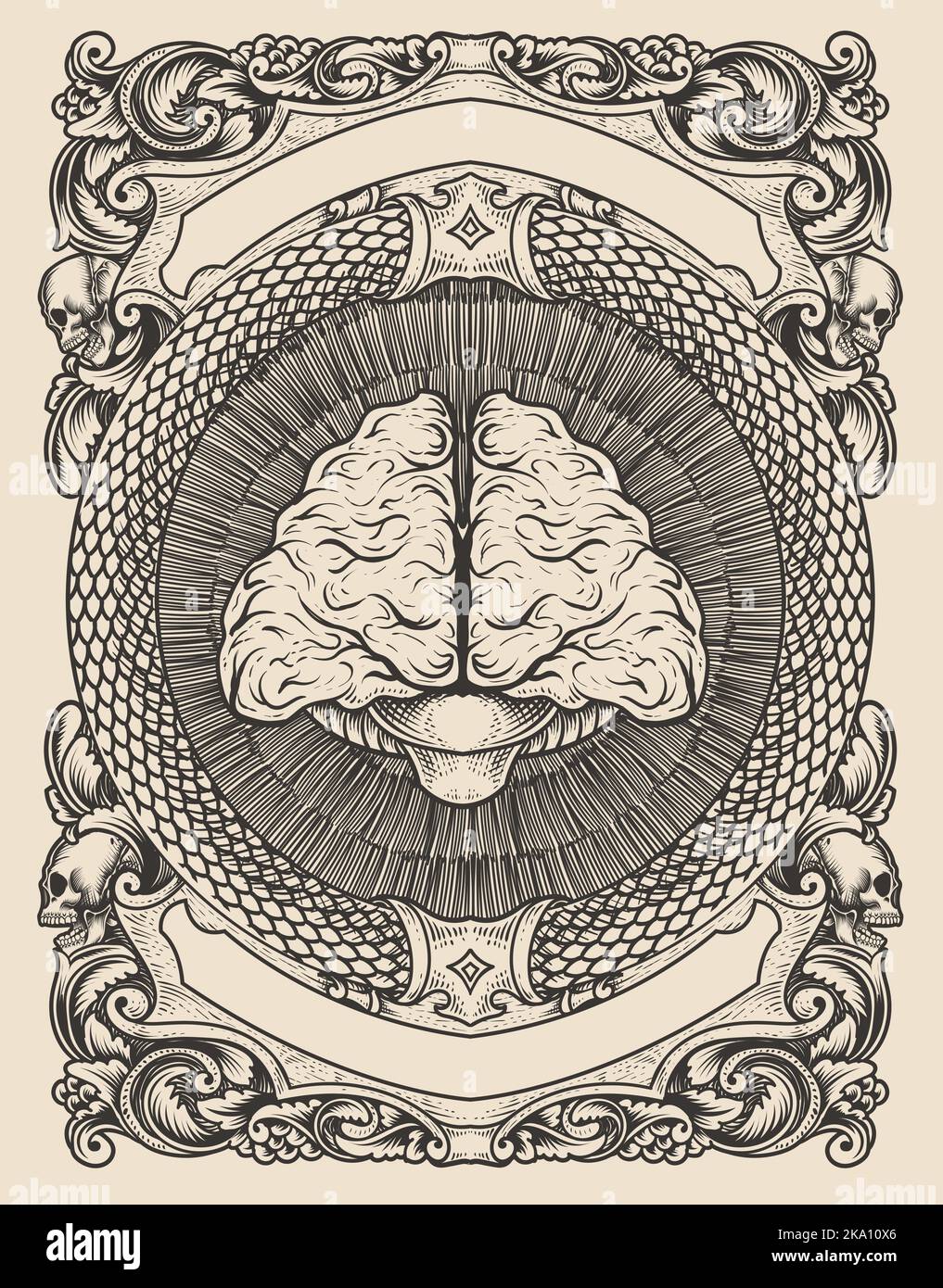 illustration antique brain with engraving style Stock Vector Image ...