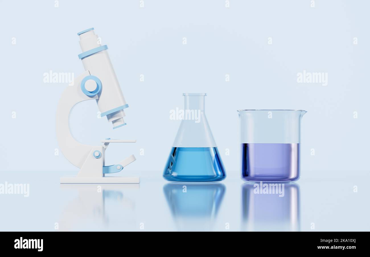 Microscope and glassware on the desk in the lab, 3d rendering. Digital ...