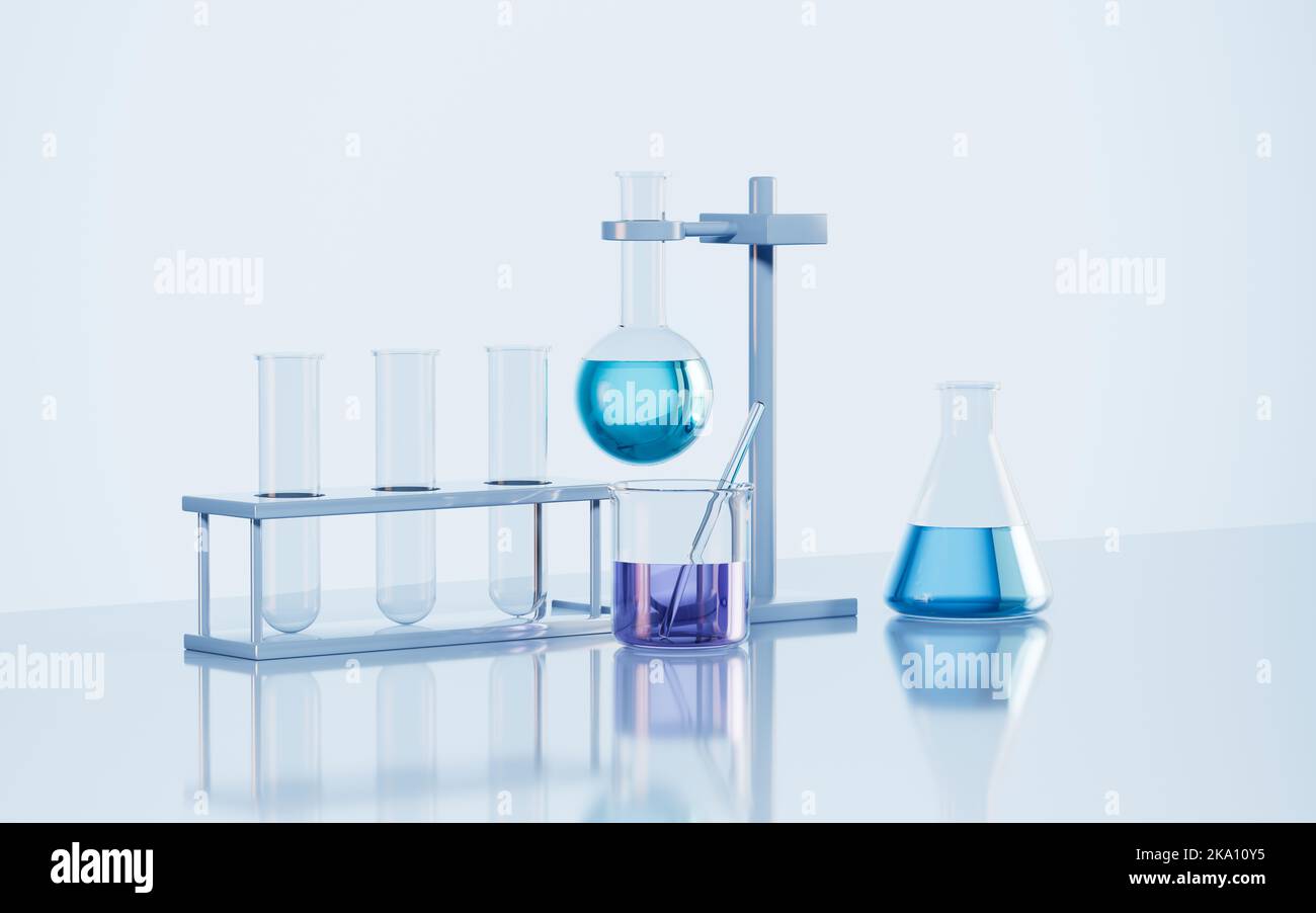 Glassware on the desk in the lab, 3d rendering. Digital drawing Stock ...