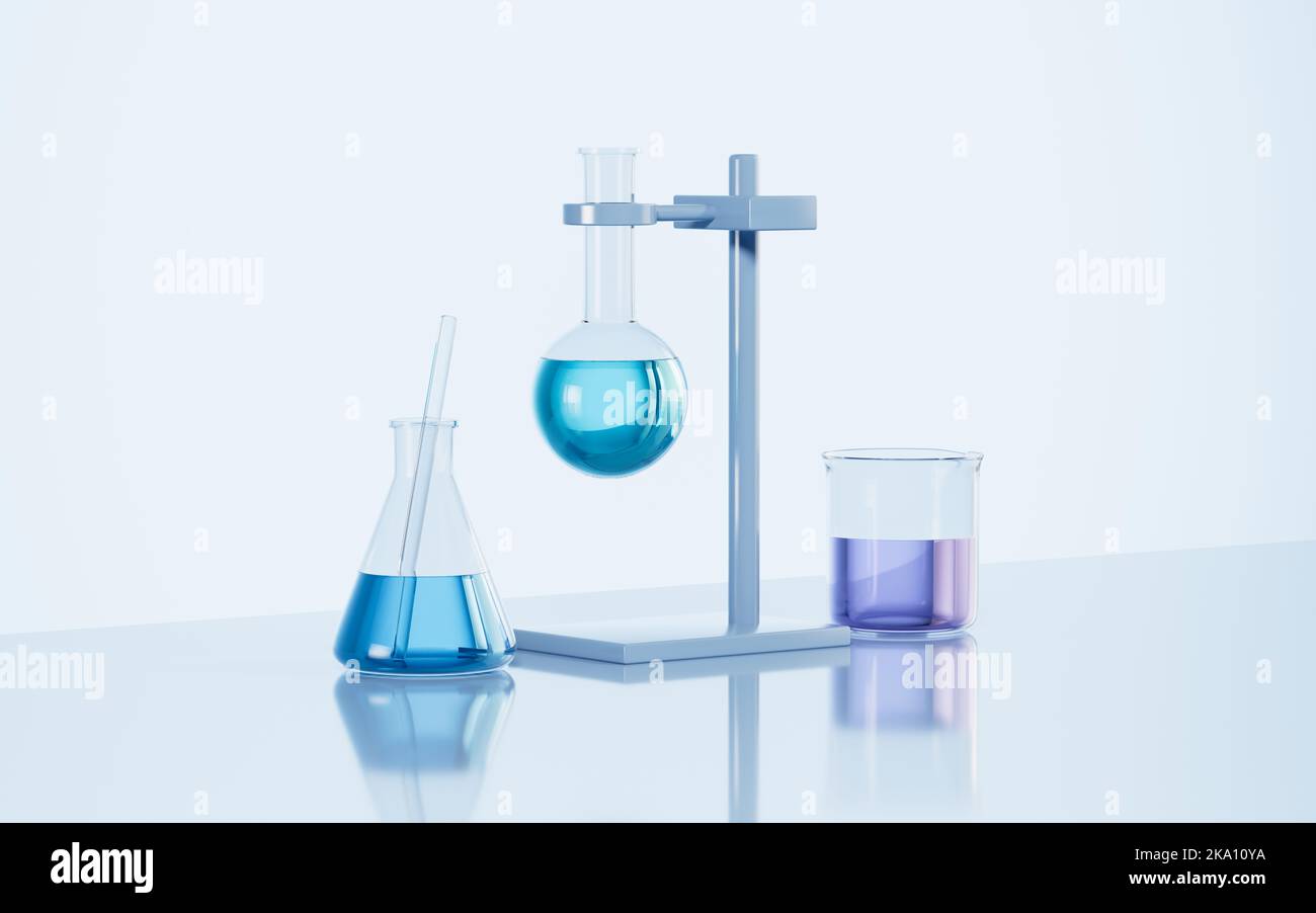 Glassware on the desk in the lab, 3d rendering. Digital drawing Stock ...