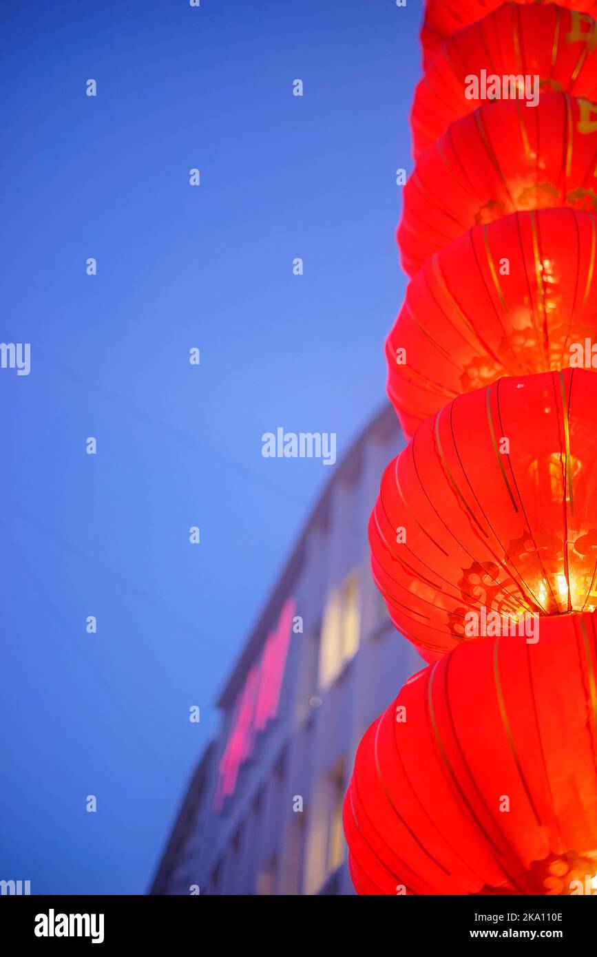 Beautiful Chinese new year red color lanterns during blue hour Stock ...