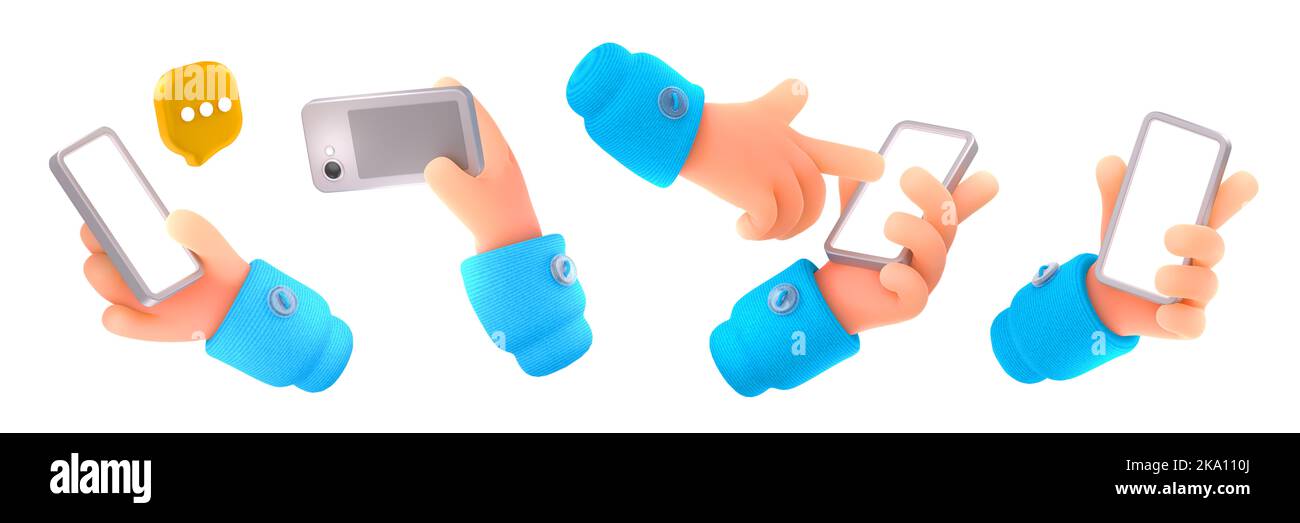 3D illustration set of hand using smartphone isolated on white ...