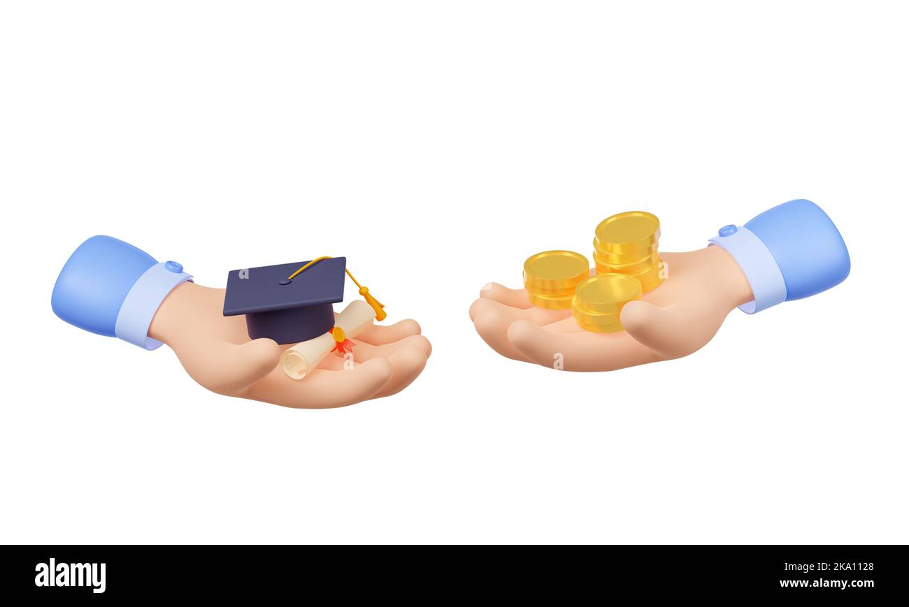 People exchange money with graduation cap and diploma scroll. Concept ...