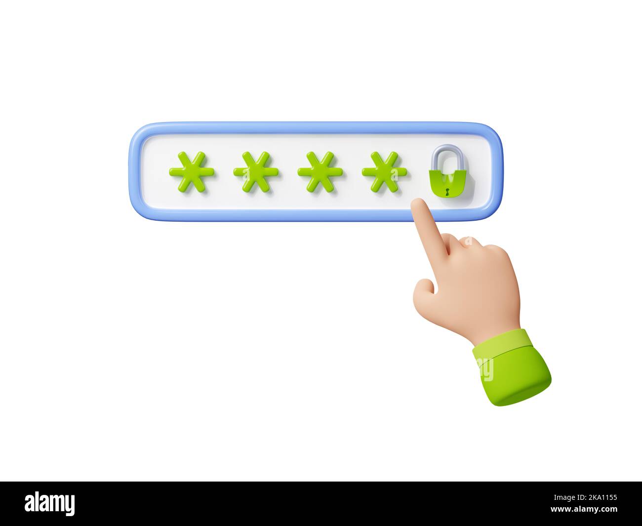 3D illustration of hand cursor pointing at green password bar with lock ...