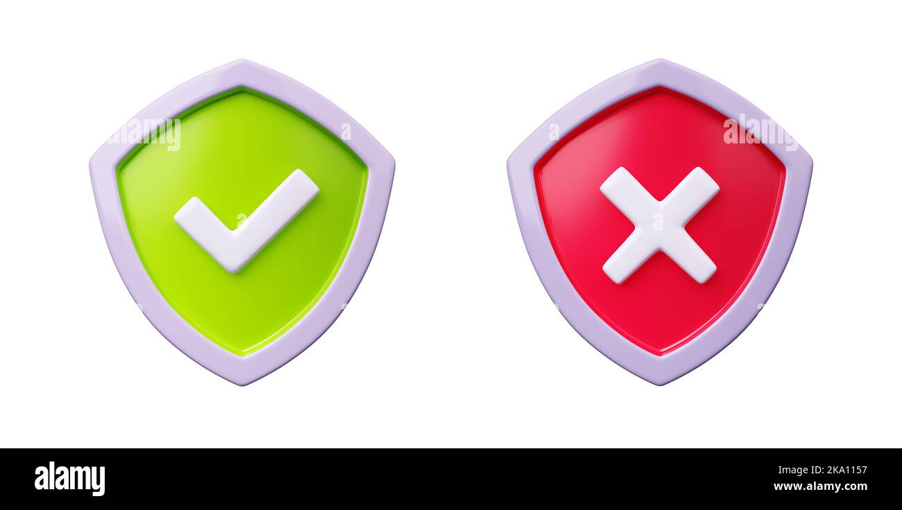 3D illustration set of green and red shield with check and cross marks ...