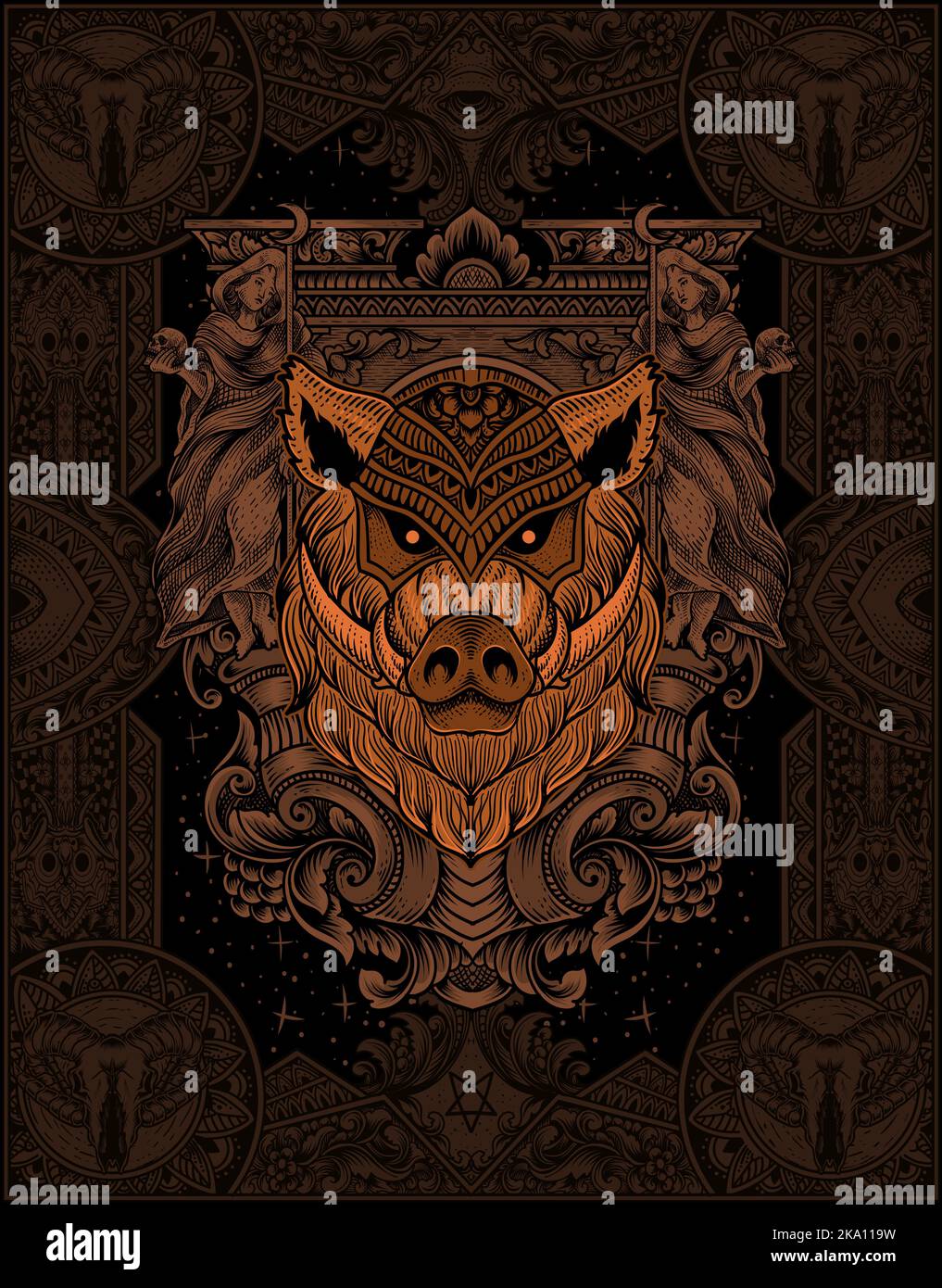 illustration wild boar skull head with antique engraving ornament style ...