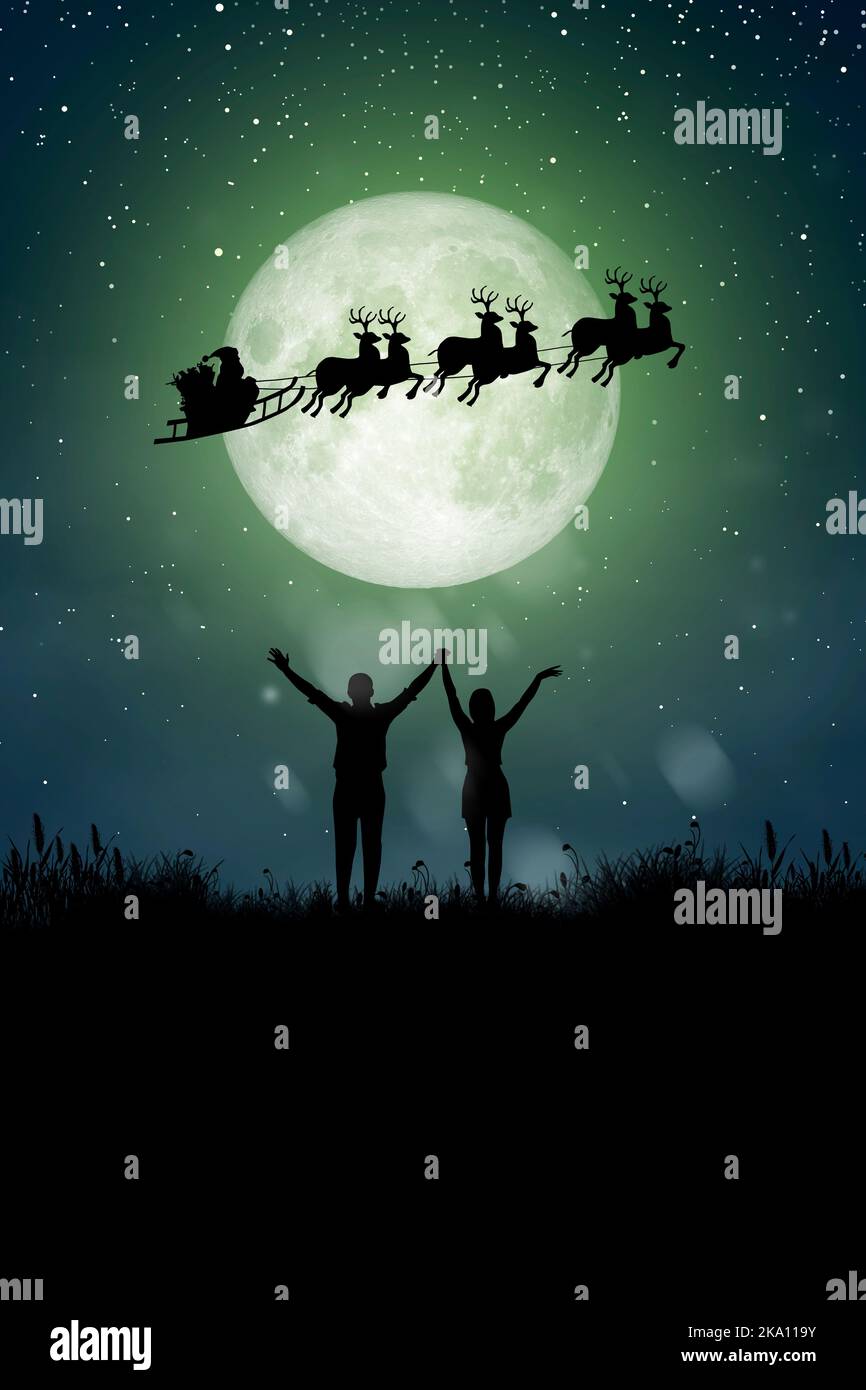 Silhouette of Santa Claus get a move to ride on their reindeer over ...