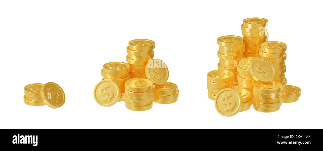 3d render growing golden coin piles. Financial concept with money ...