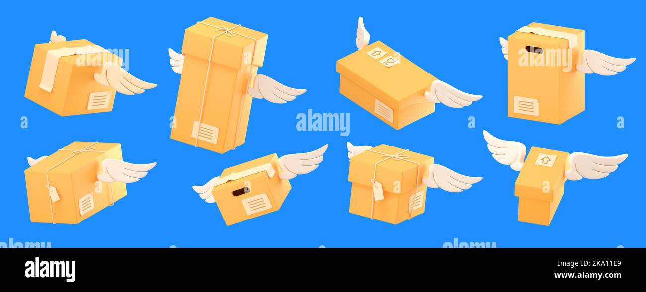 3d render delivery box with wings in flight. Brown winged cardboard ...