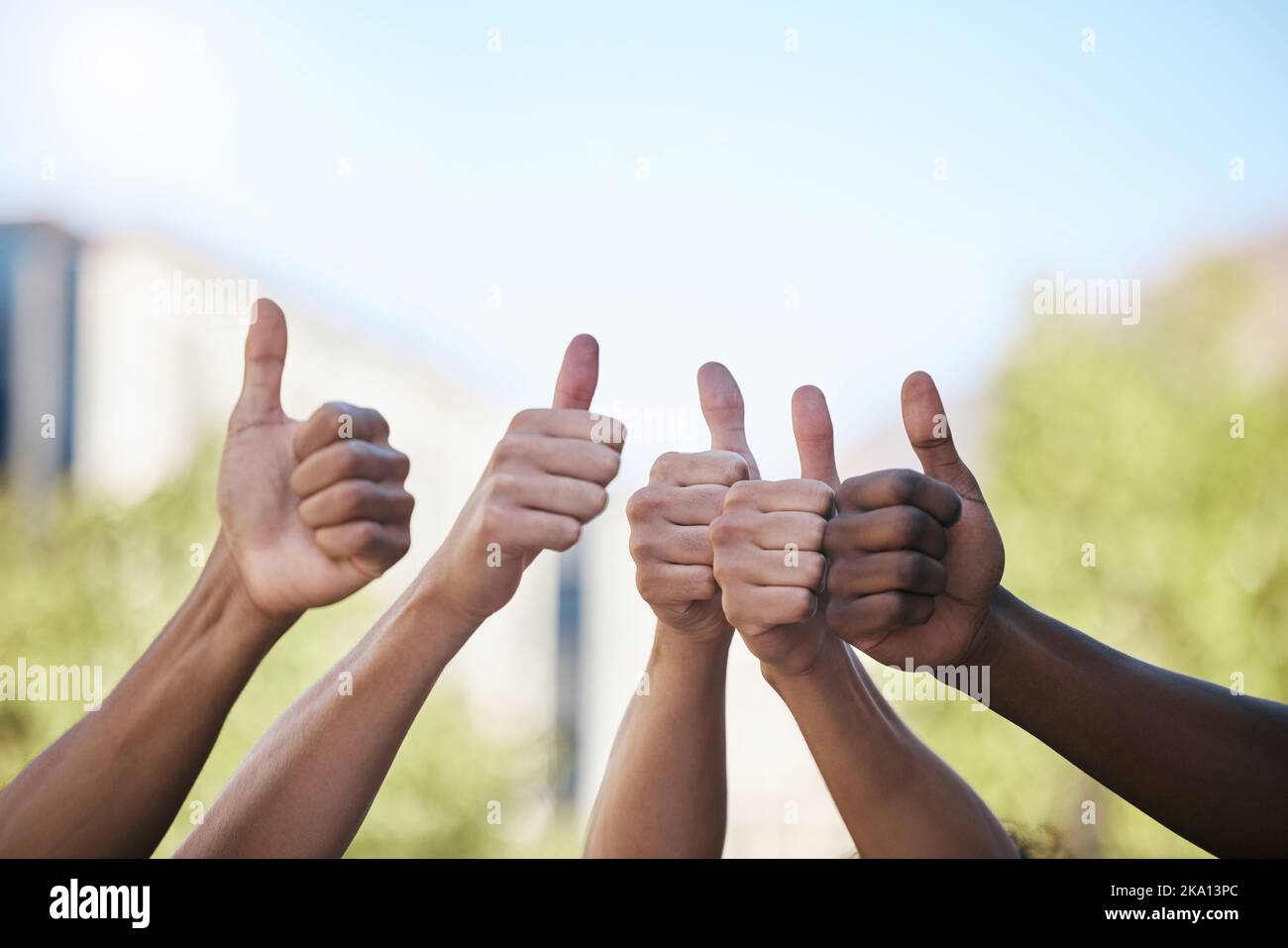 Diversity, hands and thumbs up in collaboration, teamwork or agreement ...