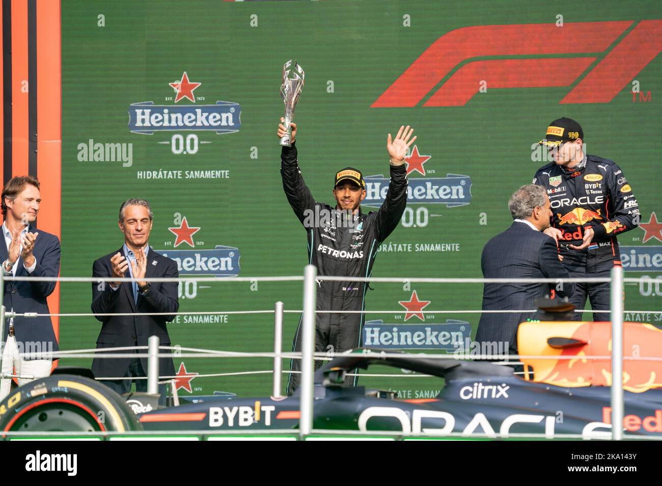 Mexico City, Mexico. 30th Oct, 2022. Lewis Hamilton holds up the trophy ...