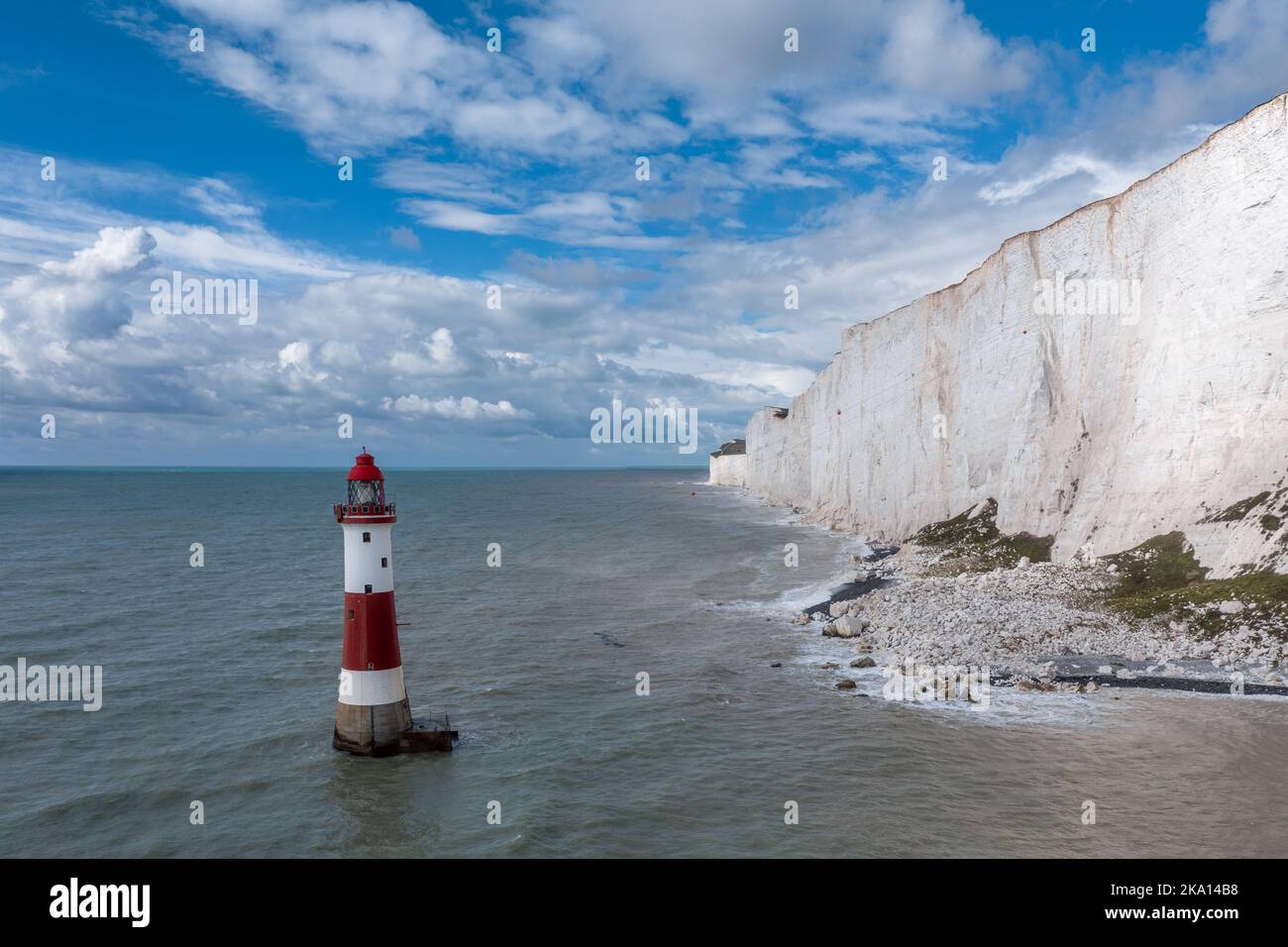 View of the Beachy Head Lighthouse in the English Channel and the white ...