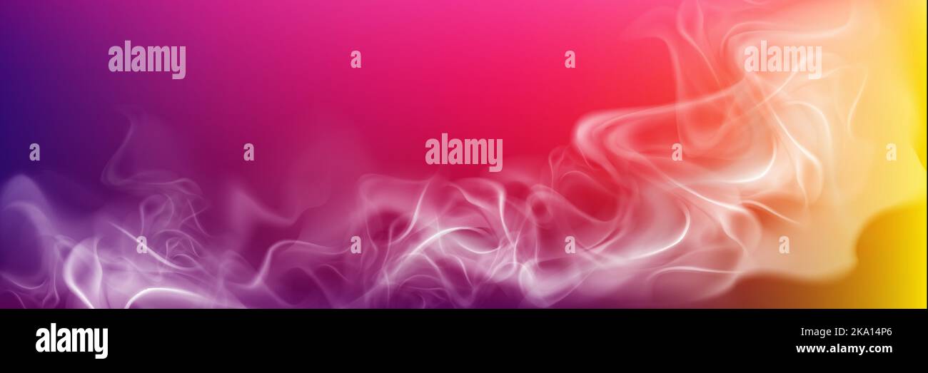 Realistic smoke on abstract colored background. White fog or fume wave ...